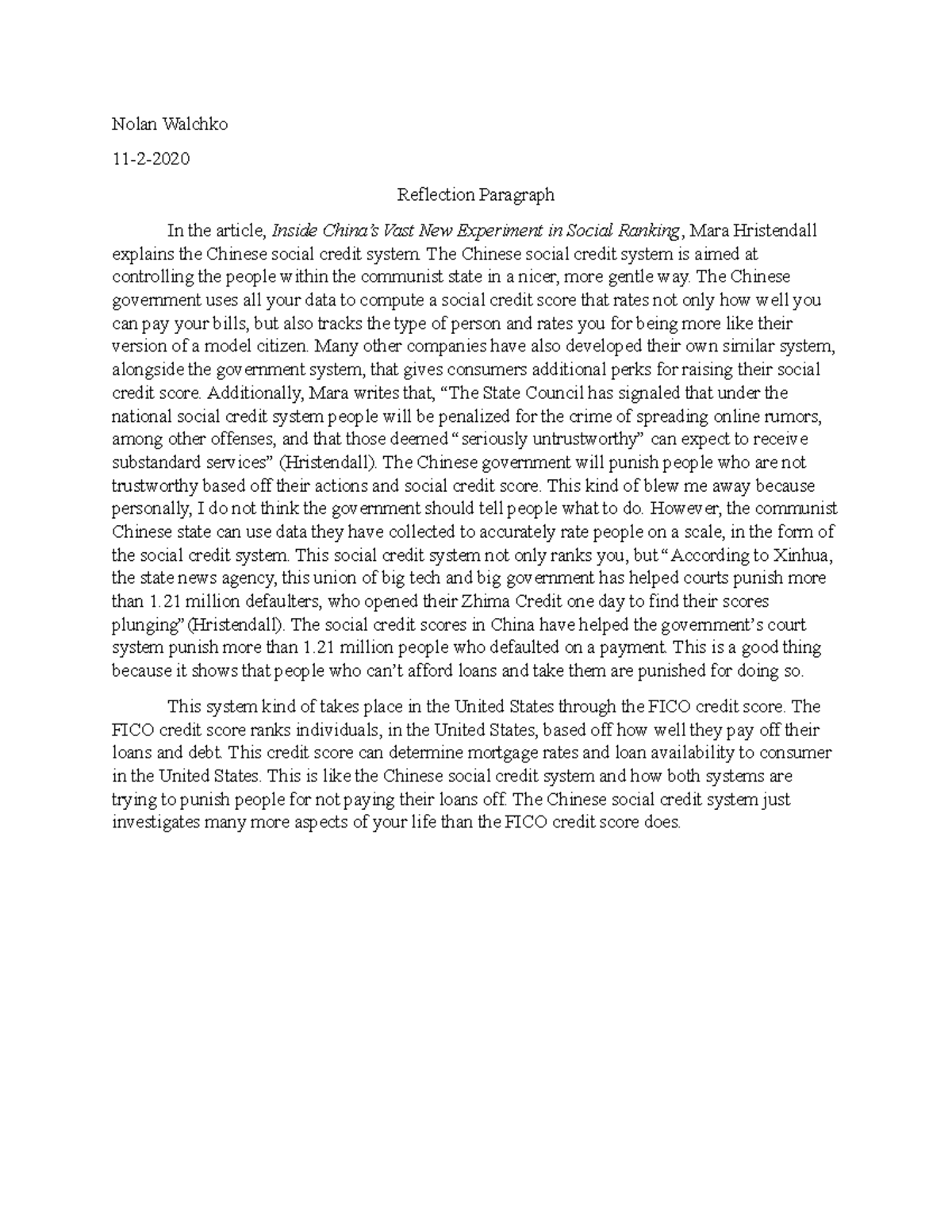 Reflection Paragraphs - Nolan Walchko 11-2- Reflection Paragraph In the ...