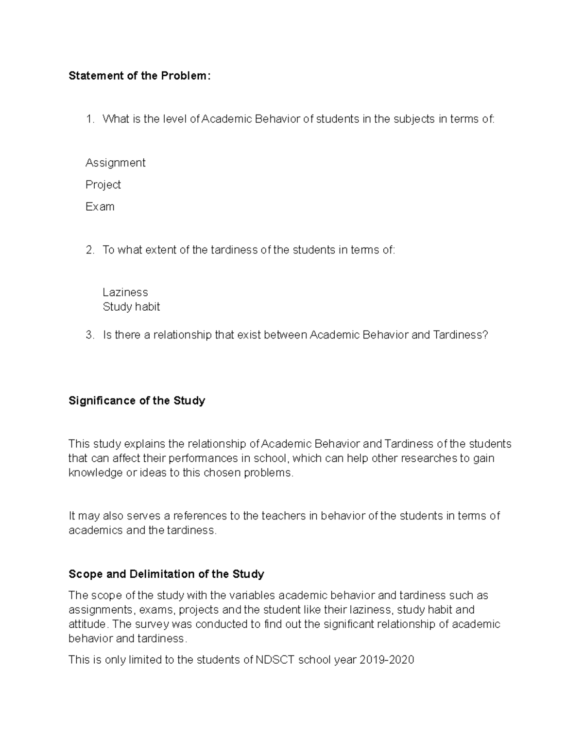 Action- Research - Statement of the Problem: What is the level of ...