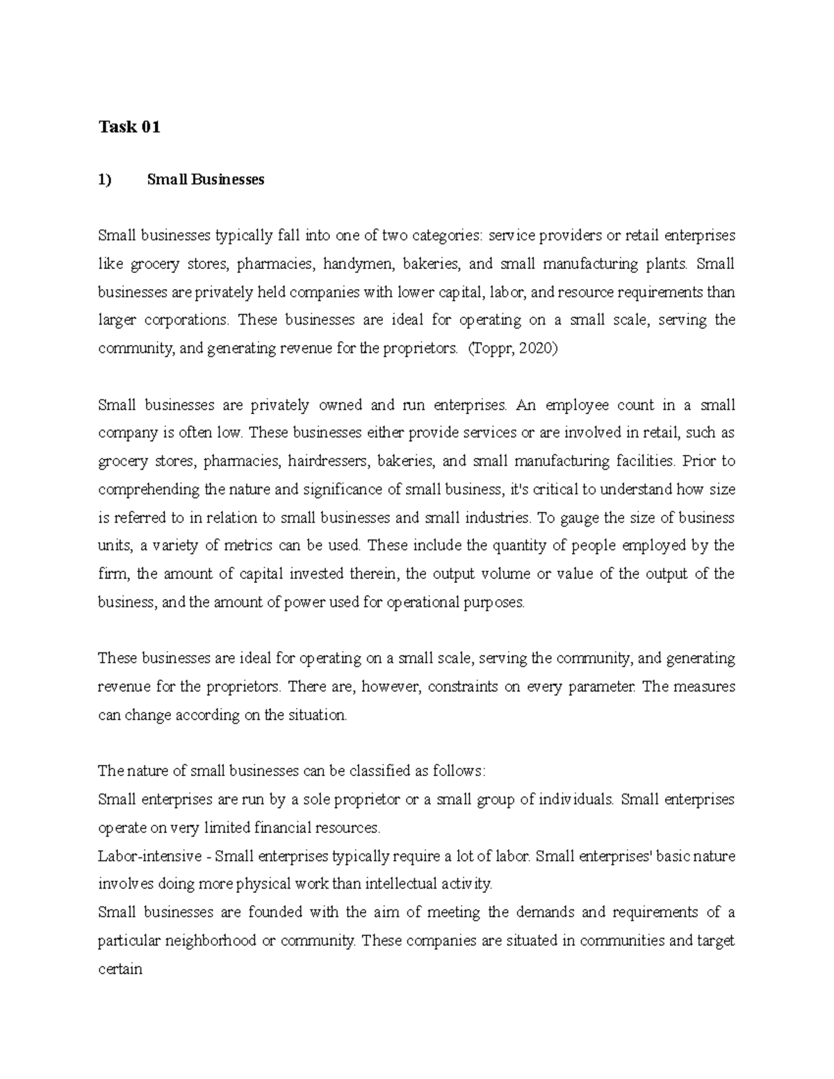 Accounting and Finance - Task 01 Small Businesses Small businesses ...
