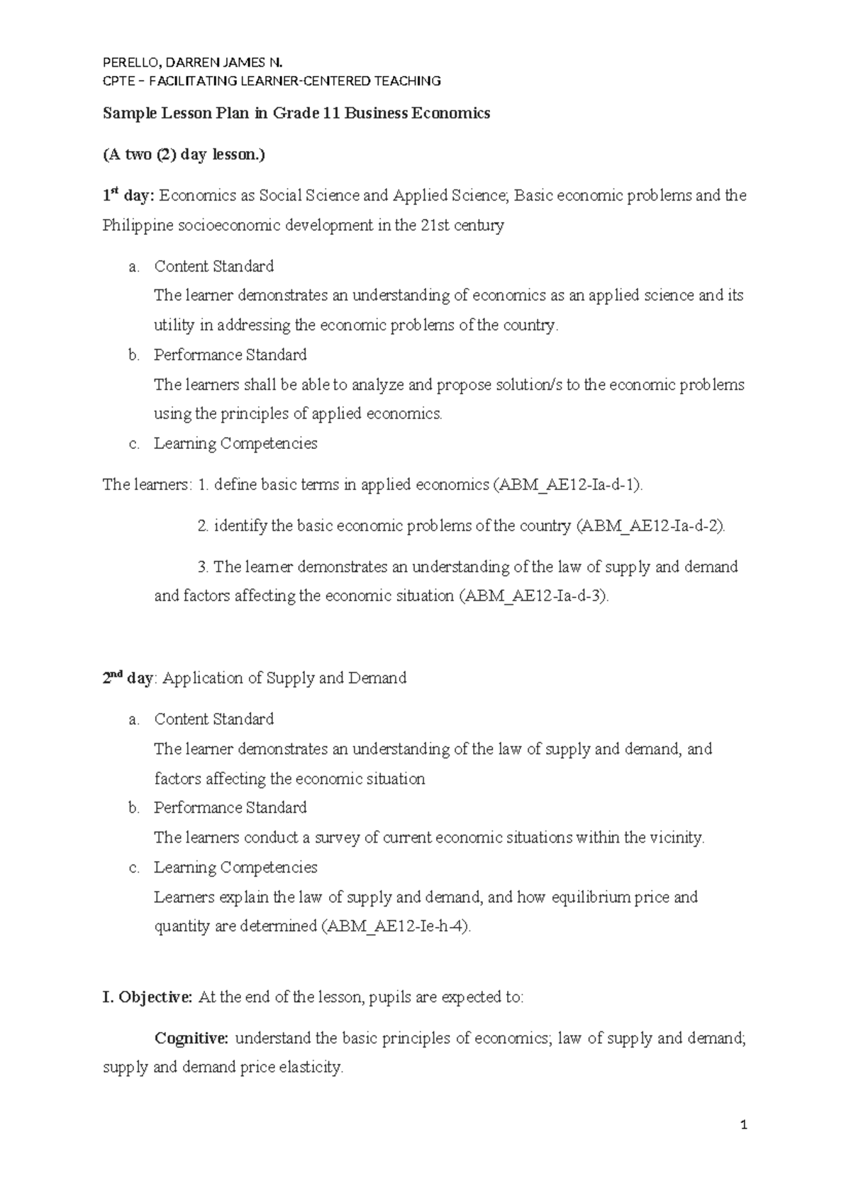 Sample Lesson Plan in Grade 11 Business Economics - CPTE – FACILITATING ...