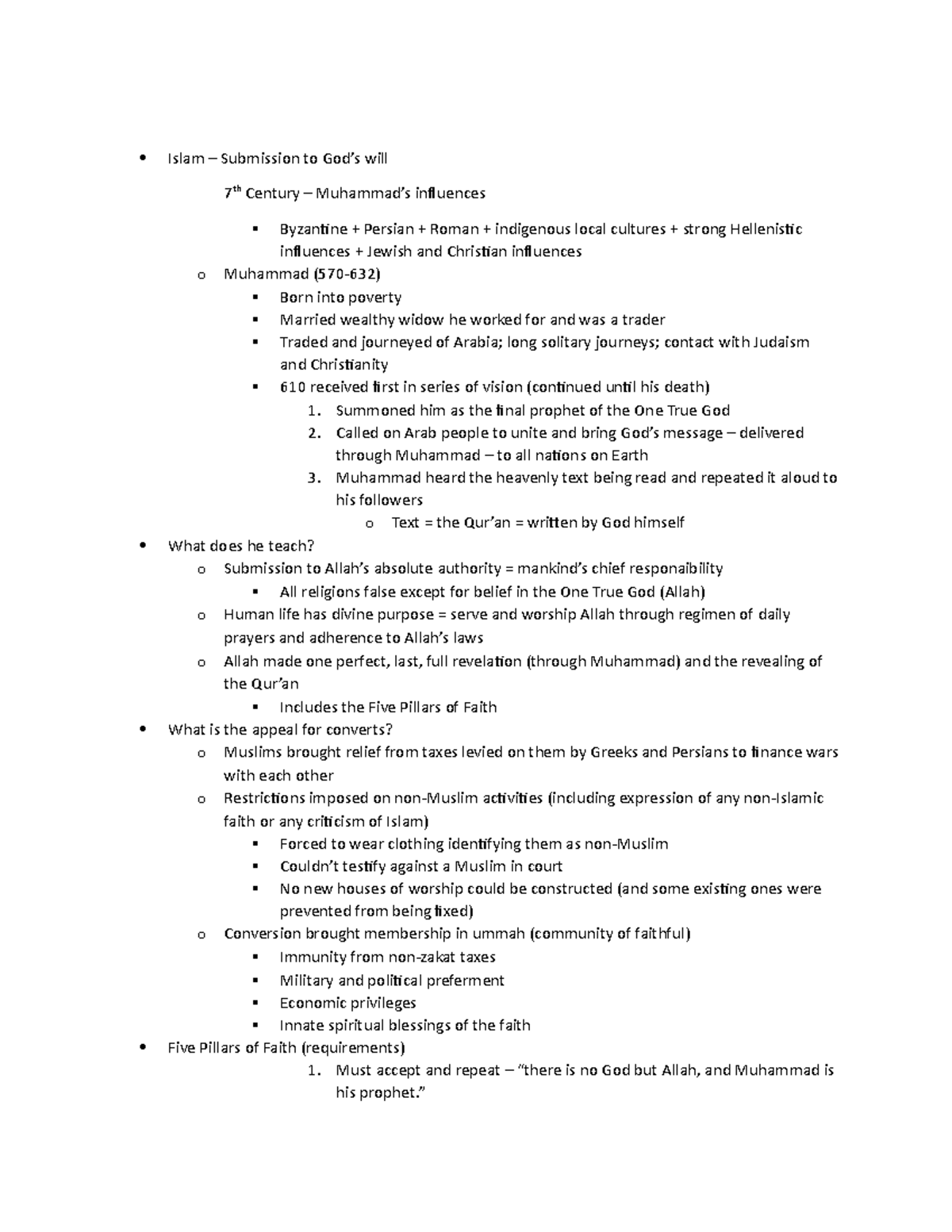 Islam notes - Islam – Submission to God’s will 7 th Century – Muhammad ...