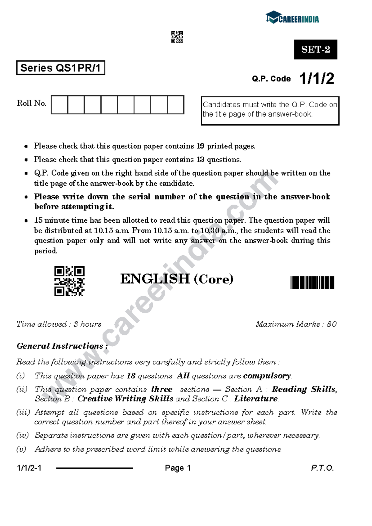 CBSE Class 12 English Core SET - 2 Question Paper 2024 - careerindia 1 ...