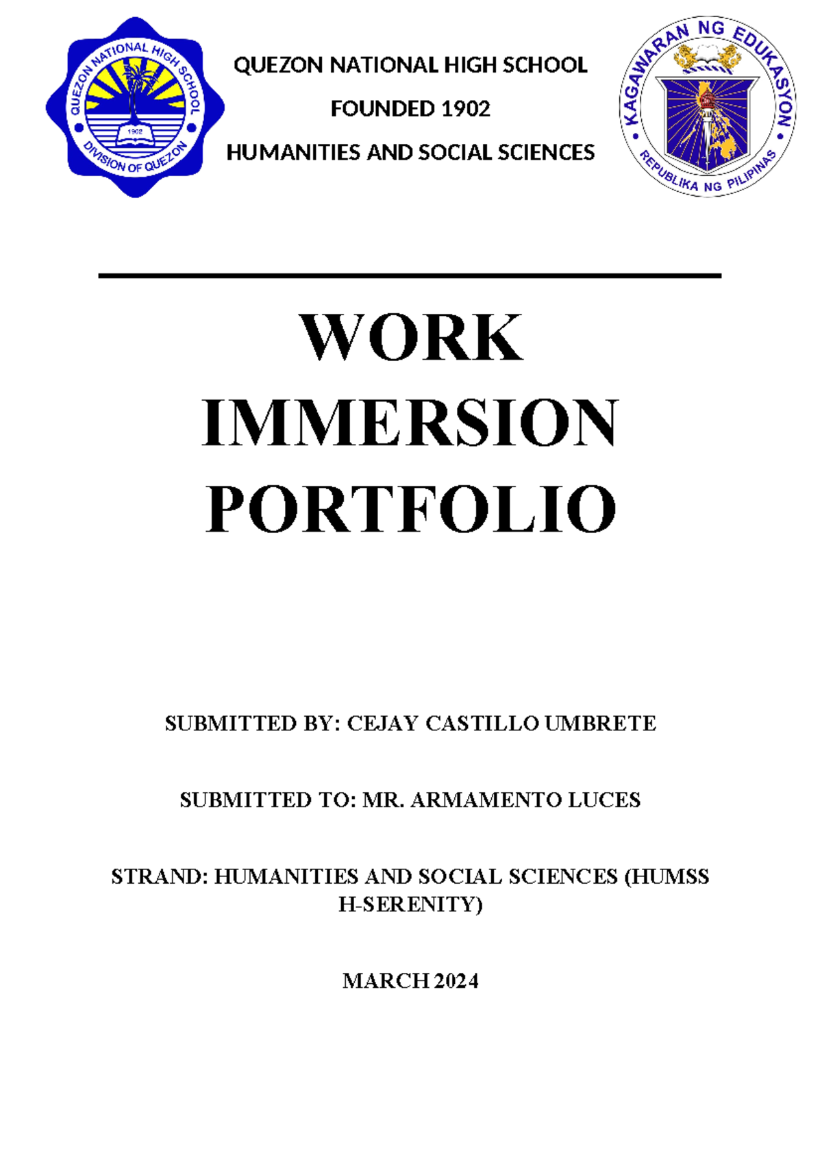 WORK Immersion Portfolio - FOUNDED 1902 HUMANITIES AND SOCIAL SCIENCES