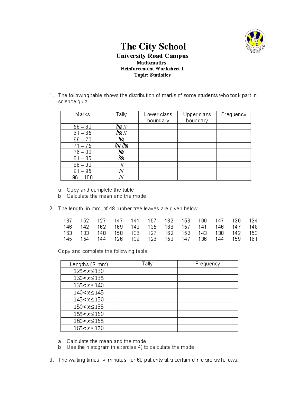Statistics-3 - QUESTIONS - The City School University Road Campus ...