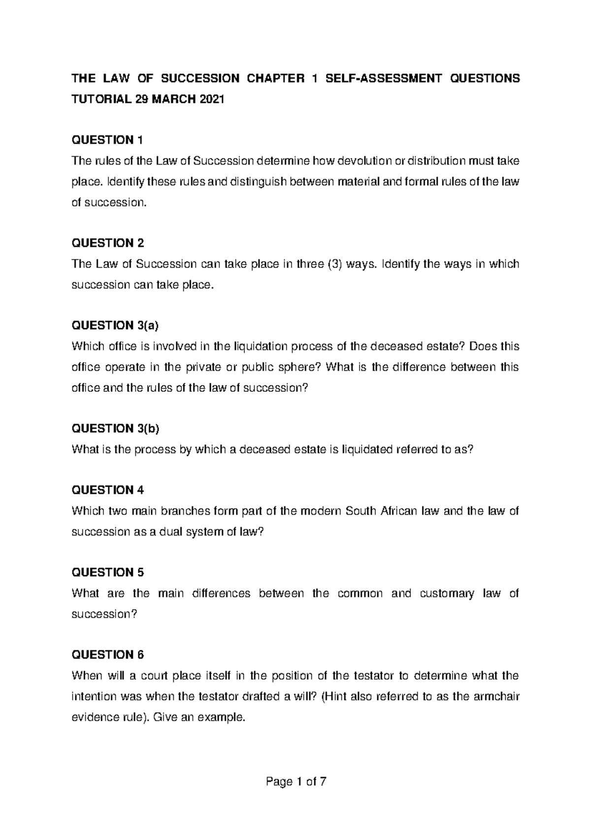Tutorial 29 March 2021 SAQ - THE LAW OF SUCCESSION CHAPTER 1 SELF-ASSESSMENT QUESTIONS TUTORIAL ...