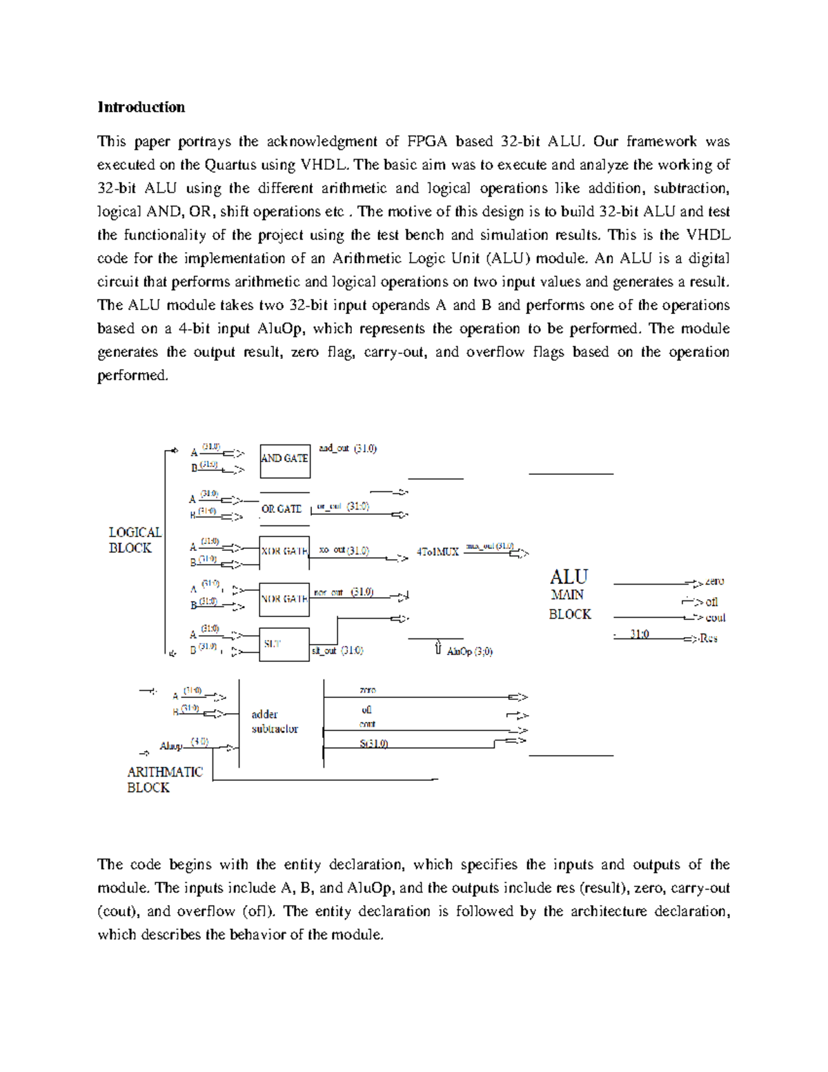 Alu report - ALU PROGRAM USING STRUCTURAL VHDL - Introduction This paper portrays the ...