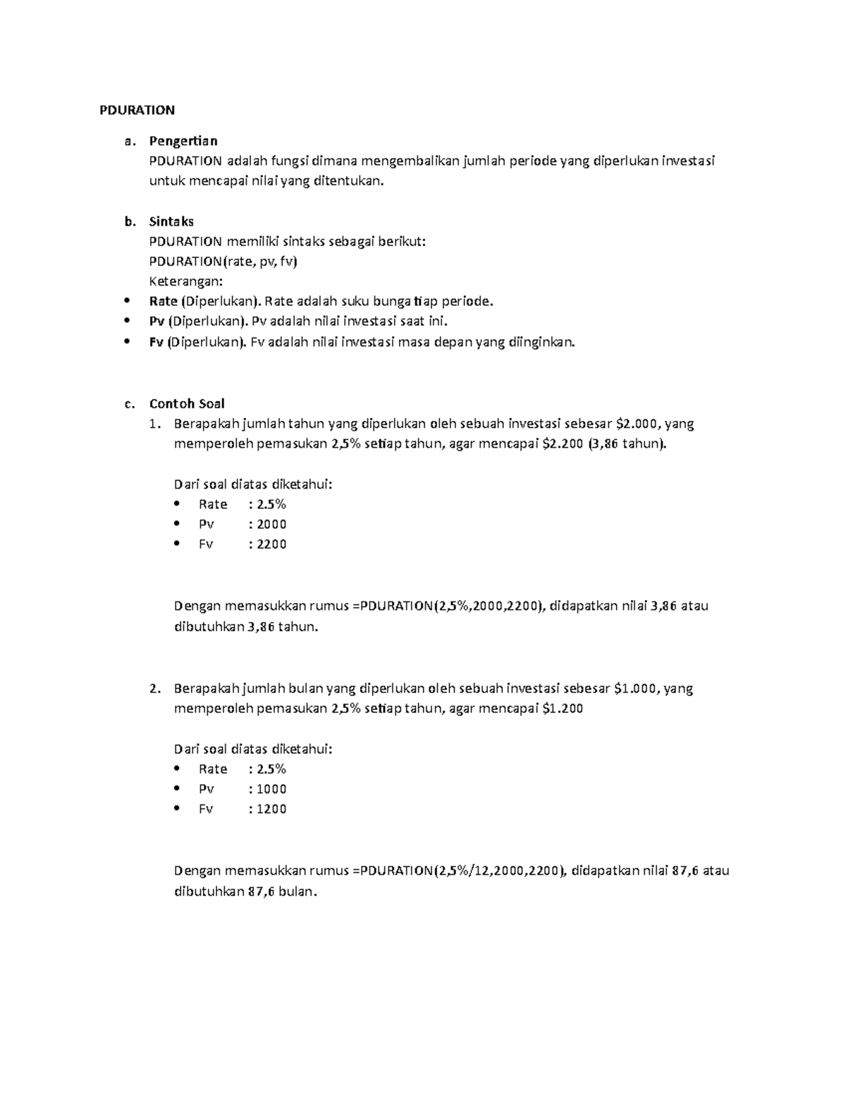Catatan Pengolahan Data PDuration - PDURATION a. Pengertian PDURATION adalah fungsi dimana - Studocu