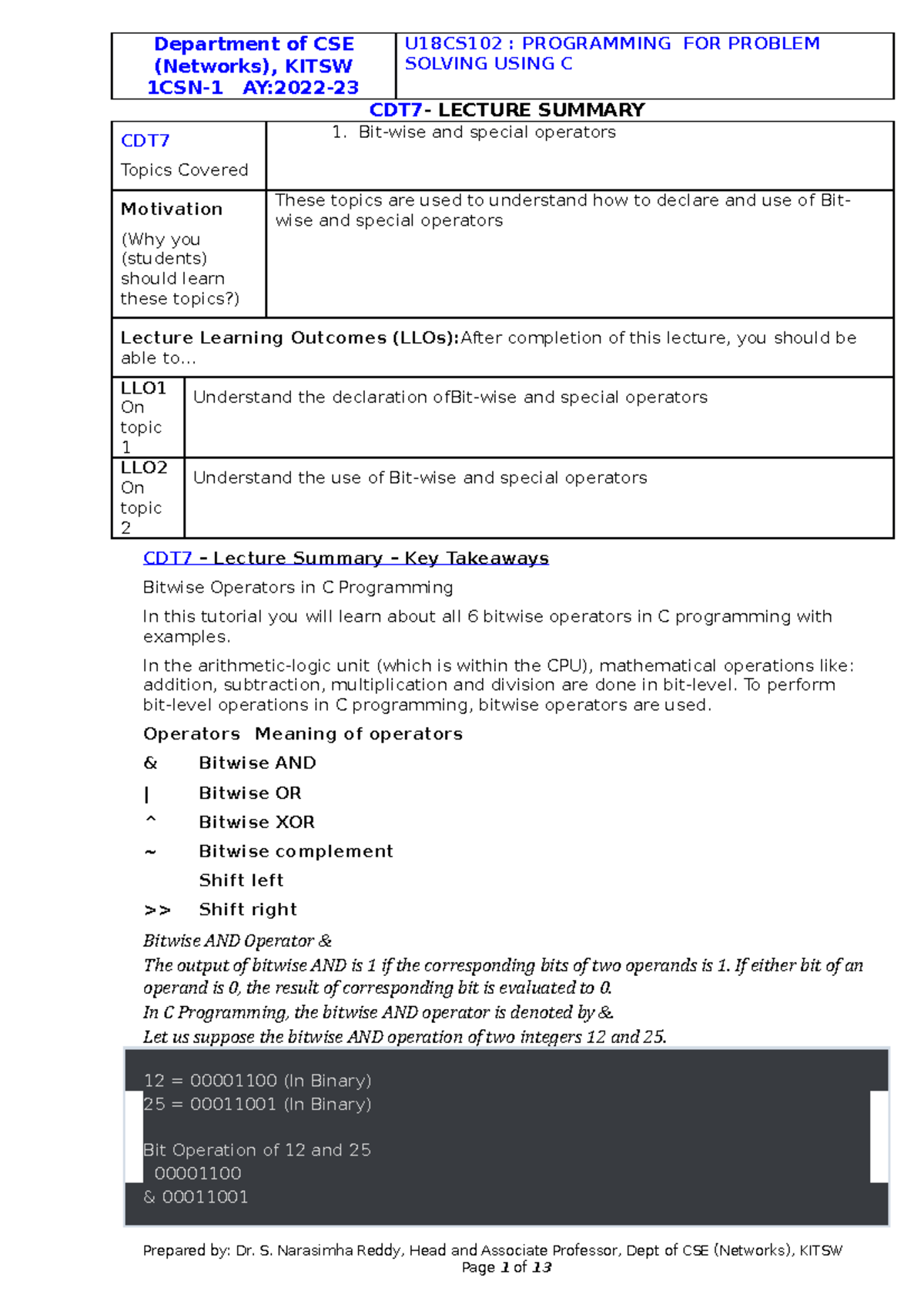 PPSC 7Summary - Notes for ppsc - Department of CSE (Networks), KITSW ...