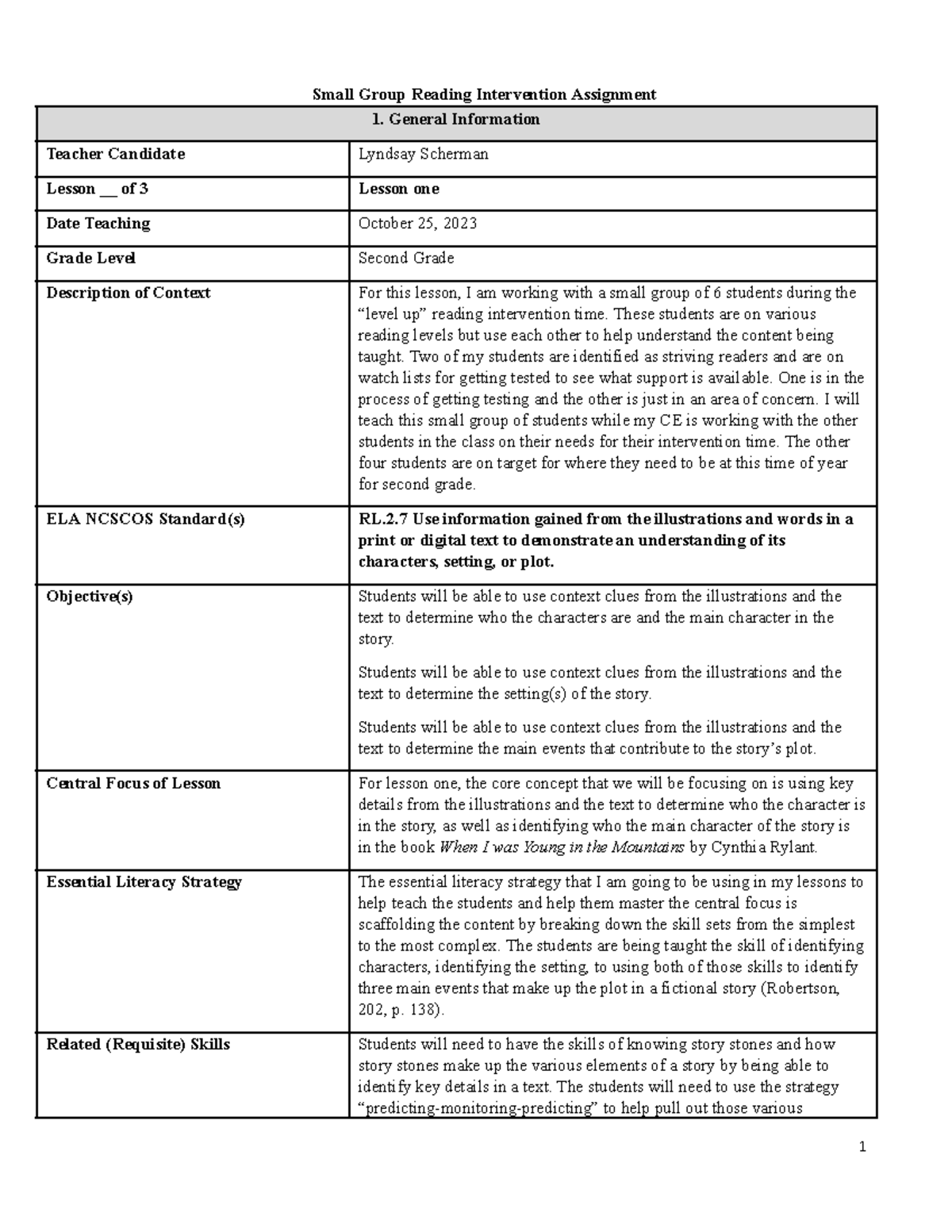 Small Group Reading Intervention Assignment - General Information ...