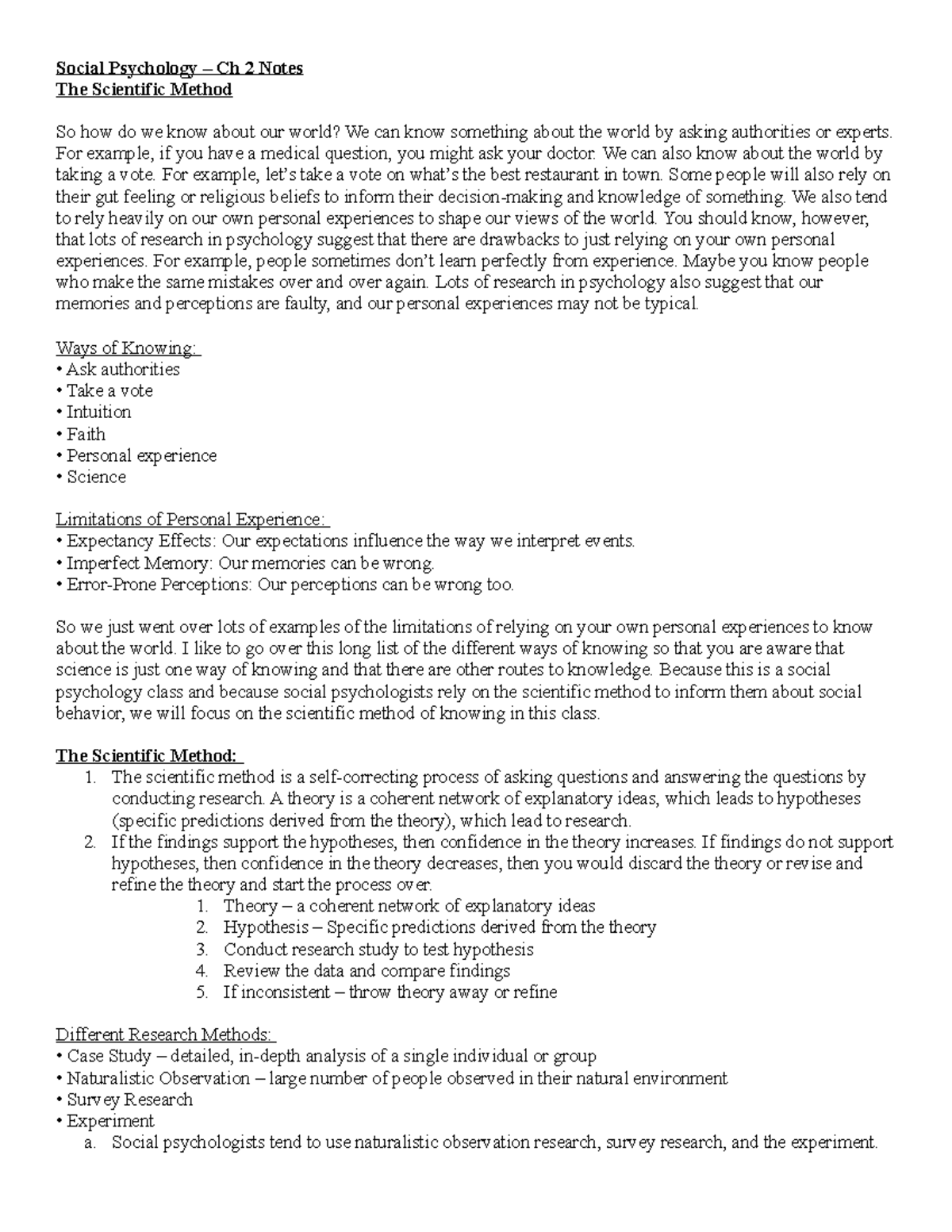 Unit 2 Lecture Notes - Social Psychology – Ch 2 Notes The Scientific ...