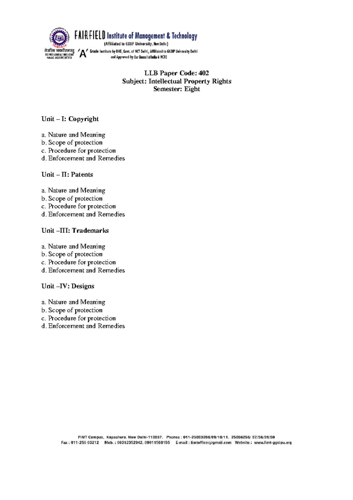Ballb 402 IPR - Lecture notes 1 - LLB Paper Code: 402 Subject ...