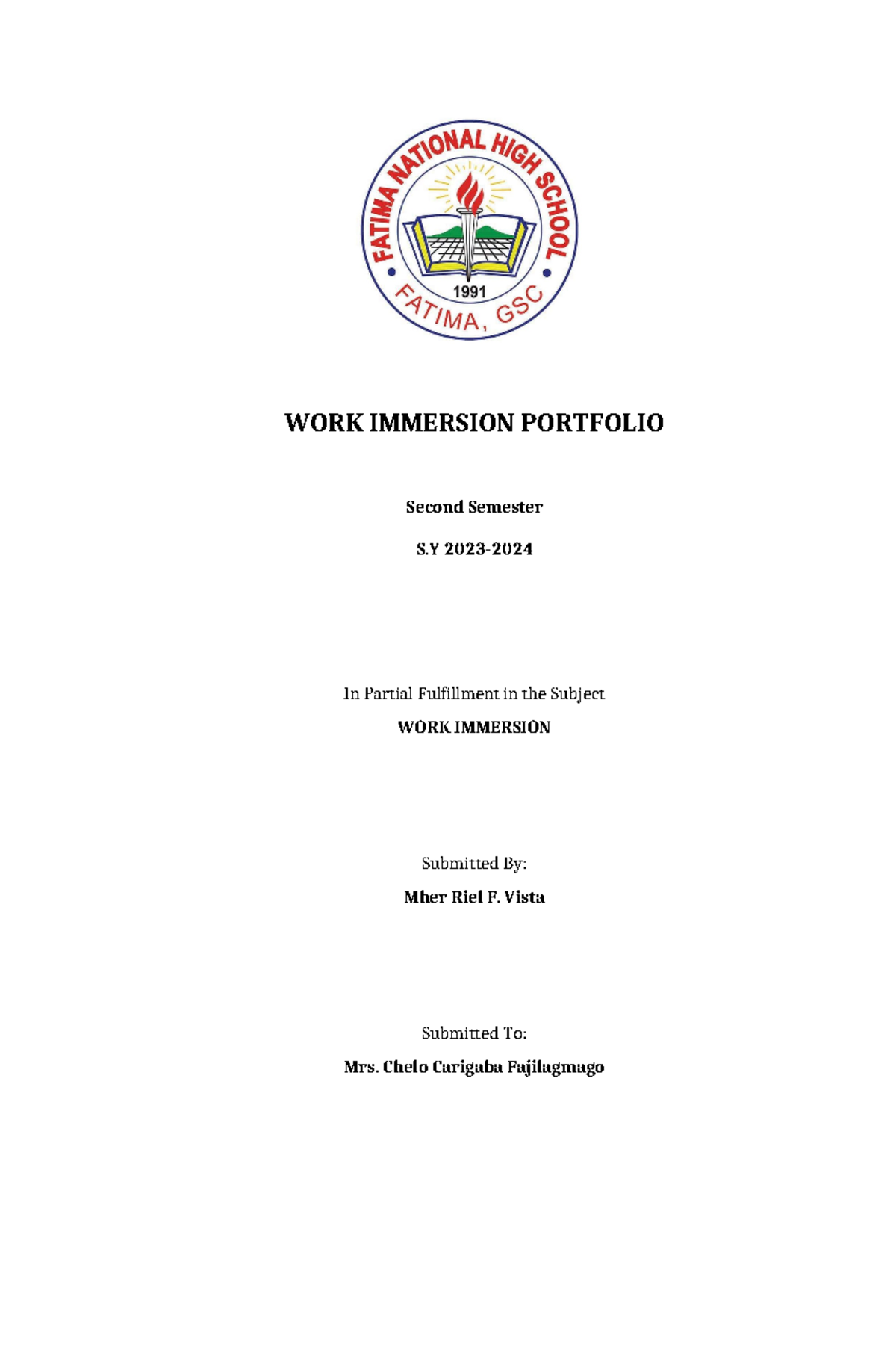 WORK Immersion Portfolio - WORK IMMERSION PORTFOLIO Second Semester S ...