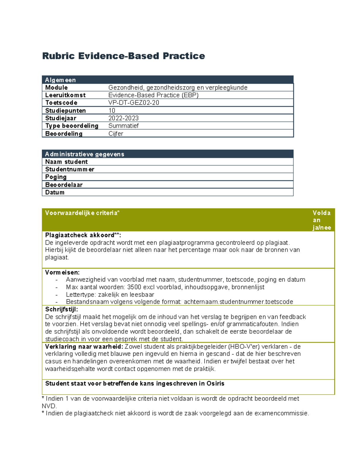 Rubric EBP 22 23 - EBP - Rubric Evidence-Based Practice Algemeen Module ...