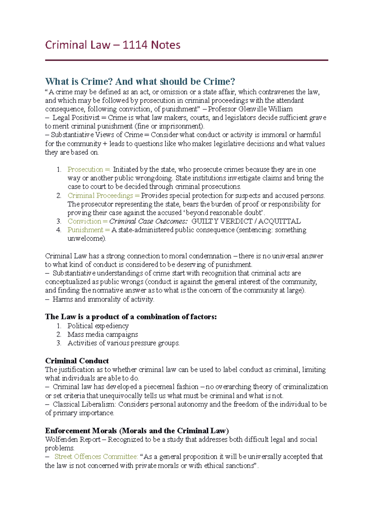 Criminal Law - 1114 Notes - Criminal Law – 1114 Notes What is Crime ...