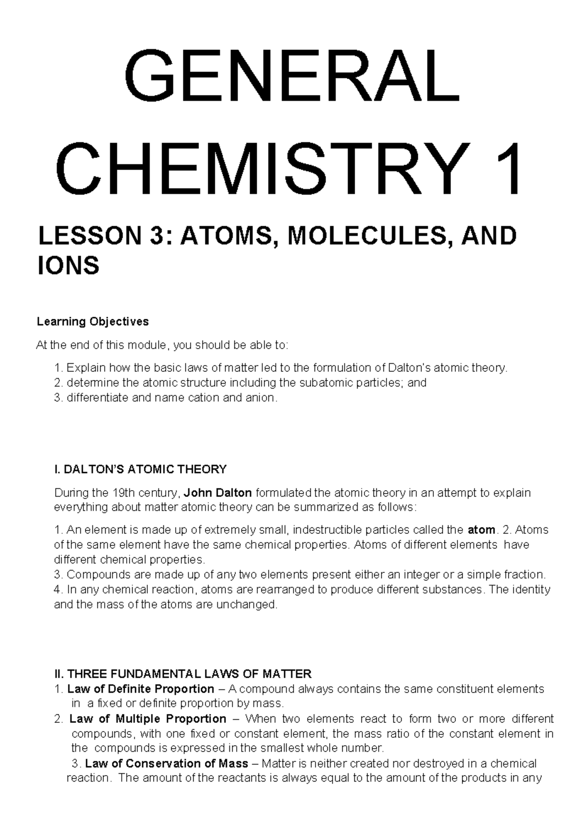 STEM 004 Lesson 3 - GENERAL CHEMISTRY 1 LESSON 3: ATOMS, MOLECULES, AND ...