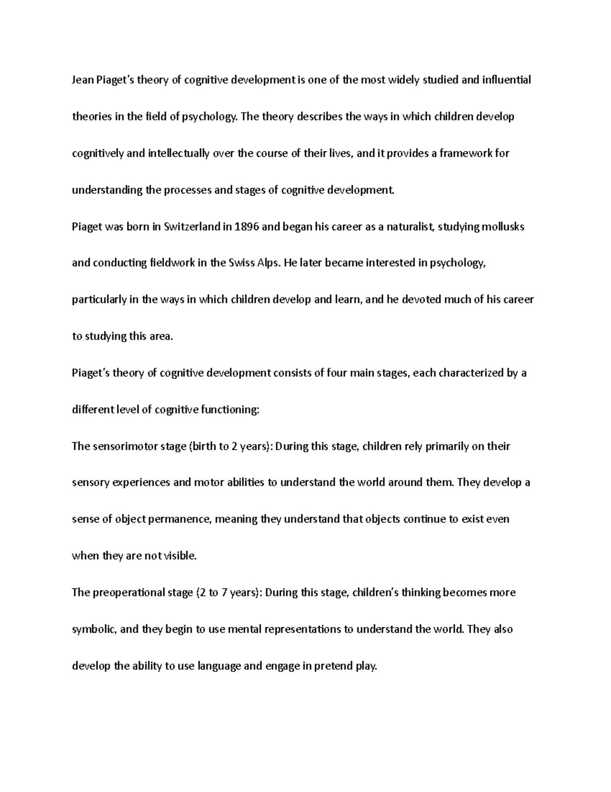 CP12 - paper - Jean Piaget’s theory of cognitive development is one of ...