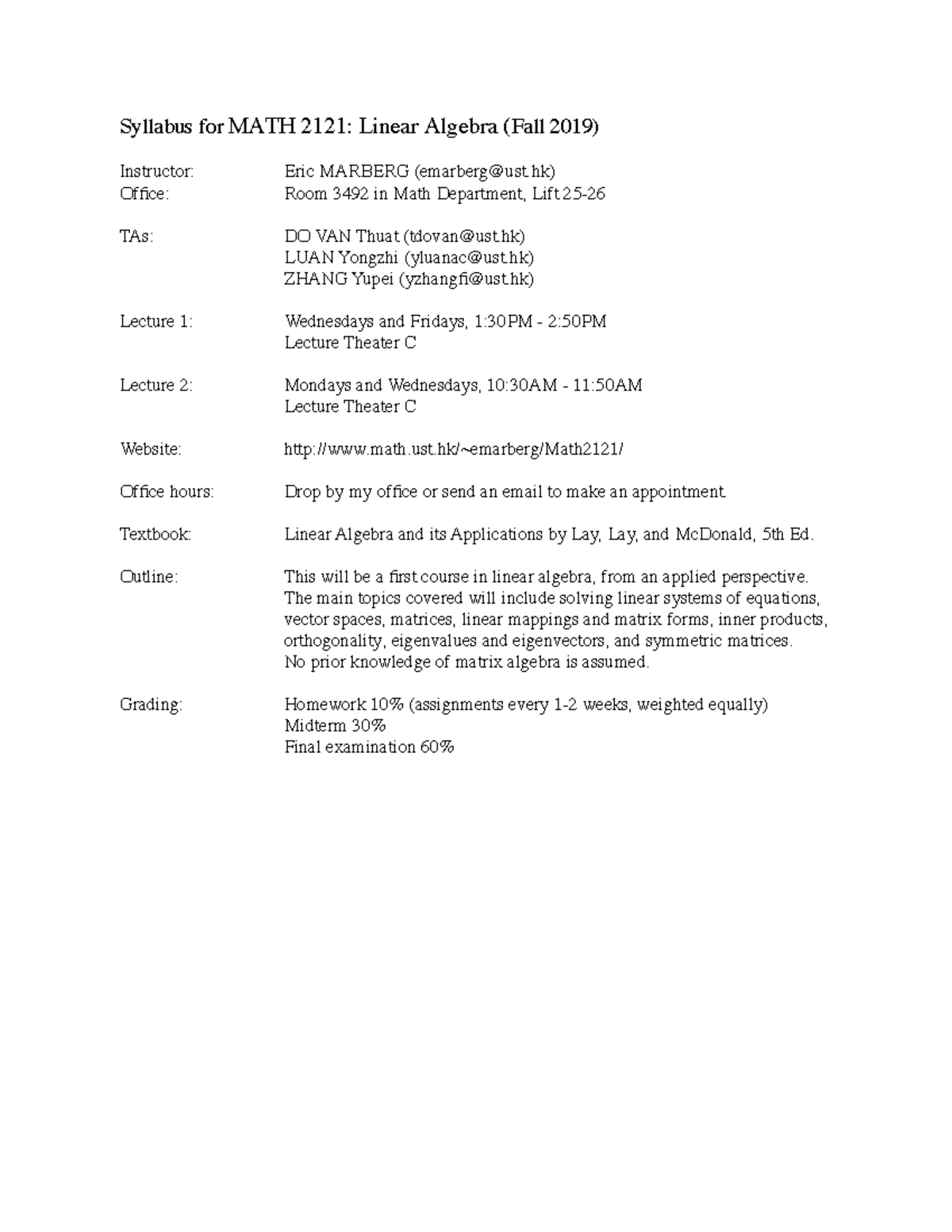 Syllabus MATH2121 Fall2019 Syllabus For MATH 2121 Linear Algebra