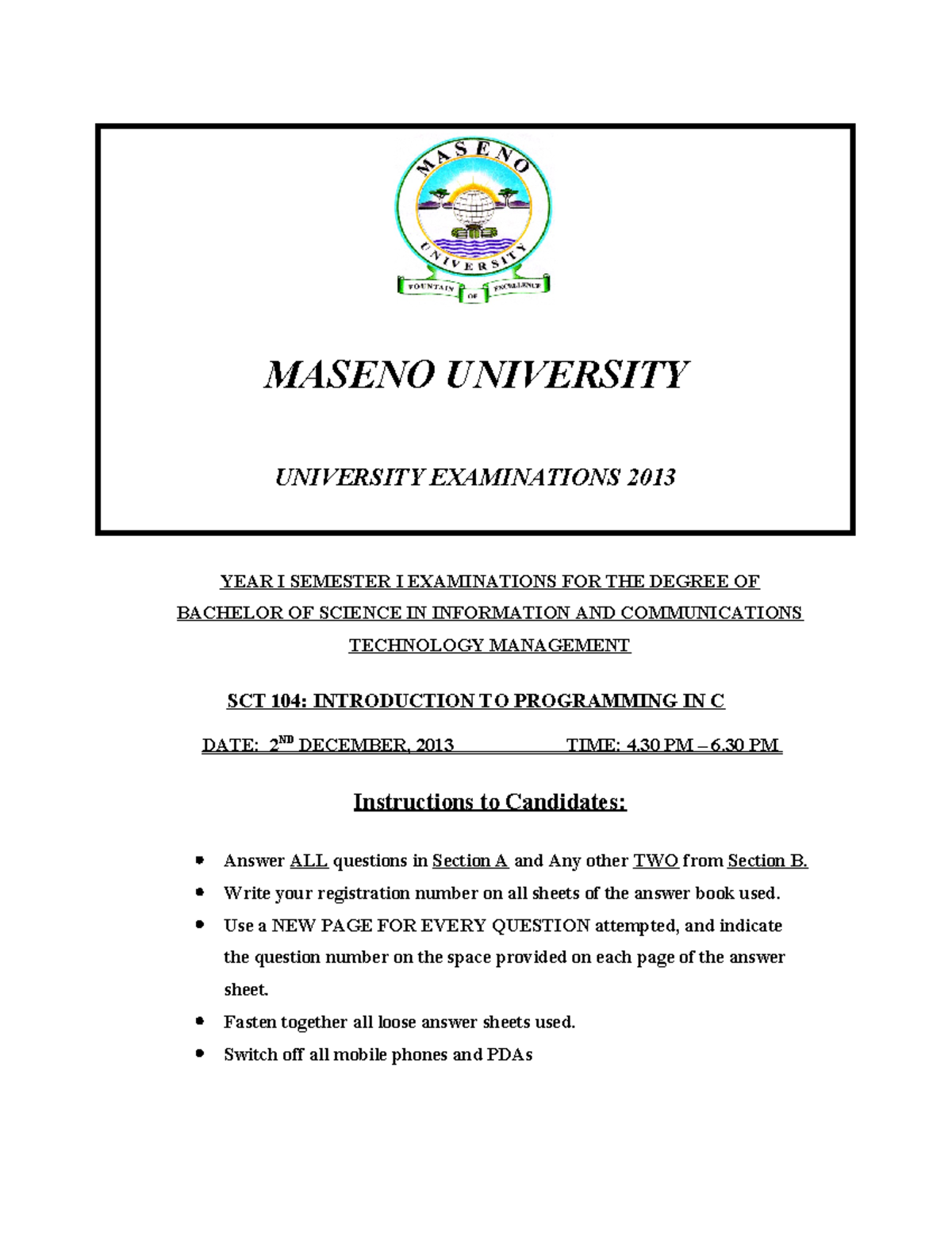 SCT 104 Intro TO Programming IN C QP - YEAR I SEMESTER I EXAMINATIONS ...