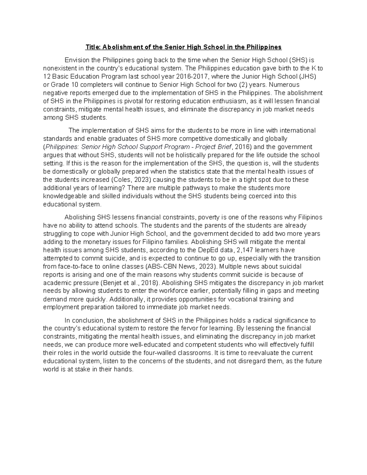 Argumentative Essay - Title: Abolishment of the Senior High School in ...