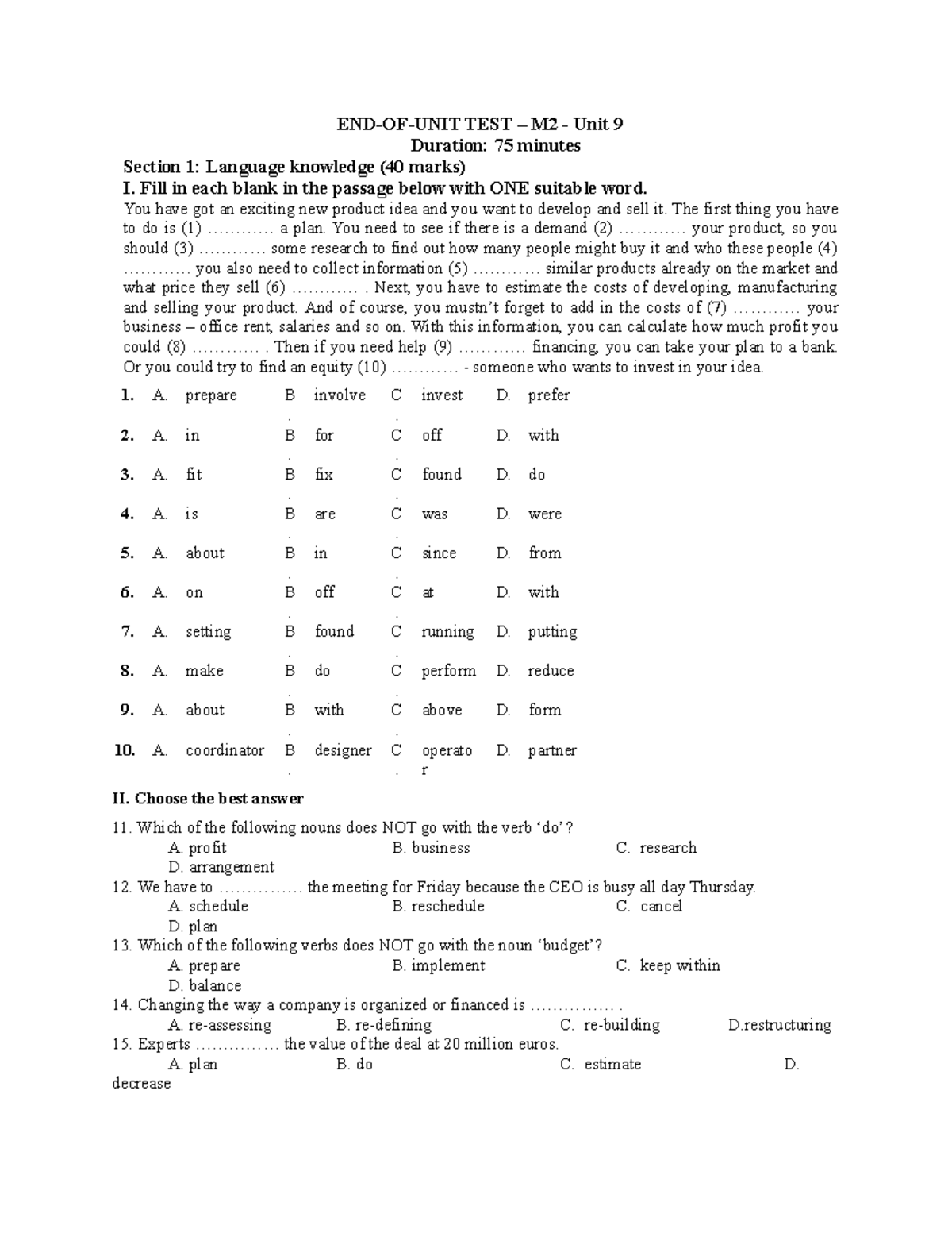 END OF UNIT TEST 8 K46 đại học Kinh Tế TP.HCM - Tiếng Anh HP3 - Đại học ...