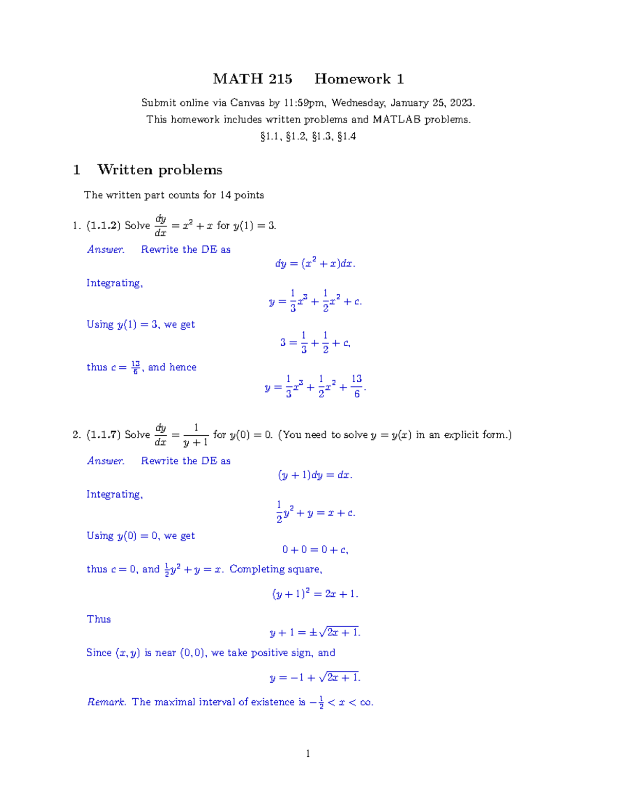 HW1 Solutions - MATH 215 Homework 1 Submit online via Canvas by 11:59pm, Wednesday, January 25 ...