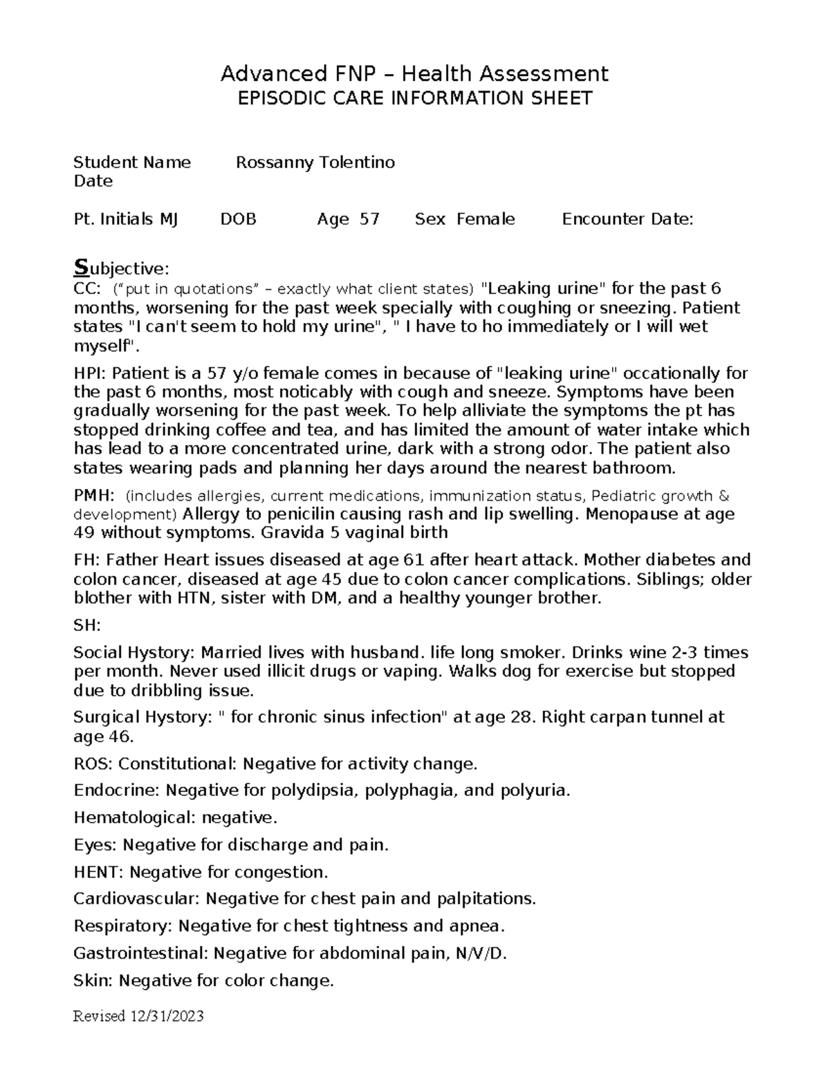 Episodic SOAP Form - Advanced FNP – Health Assessment EPISODIC CARE ...