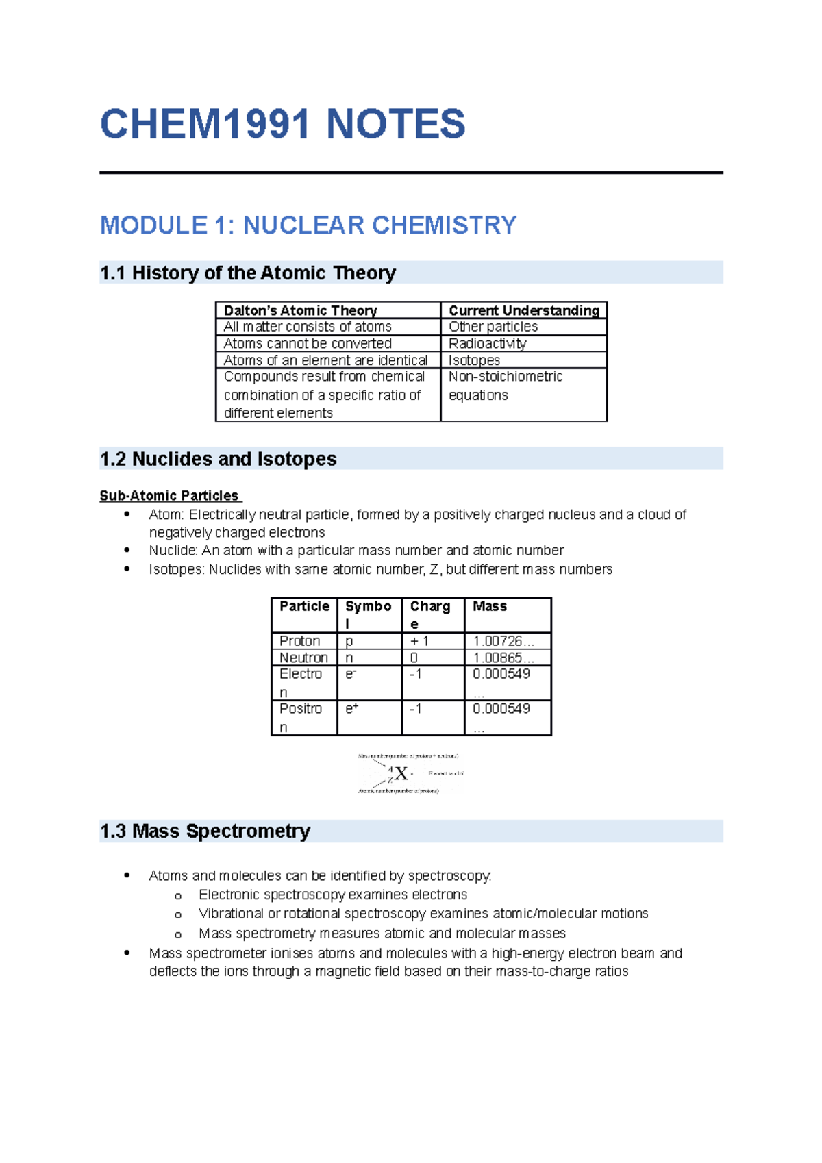 CHEM1991 Notes Module 1 - CHEM1991 NOTES MODULE 1: NUCLEAR CHEMISTRY 1 ...