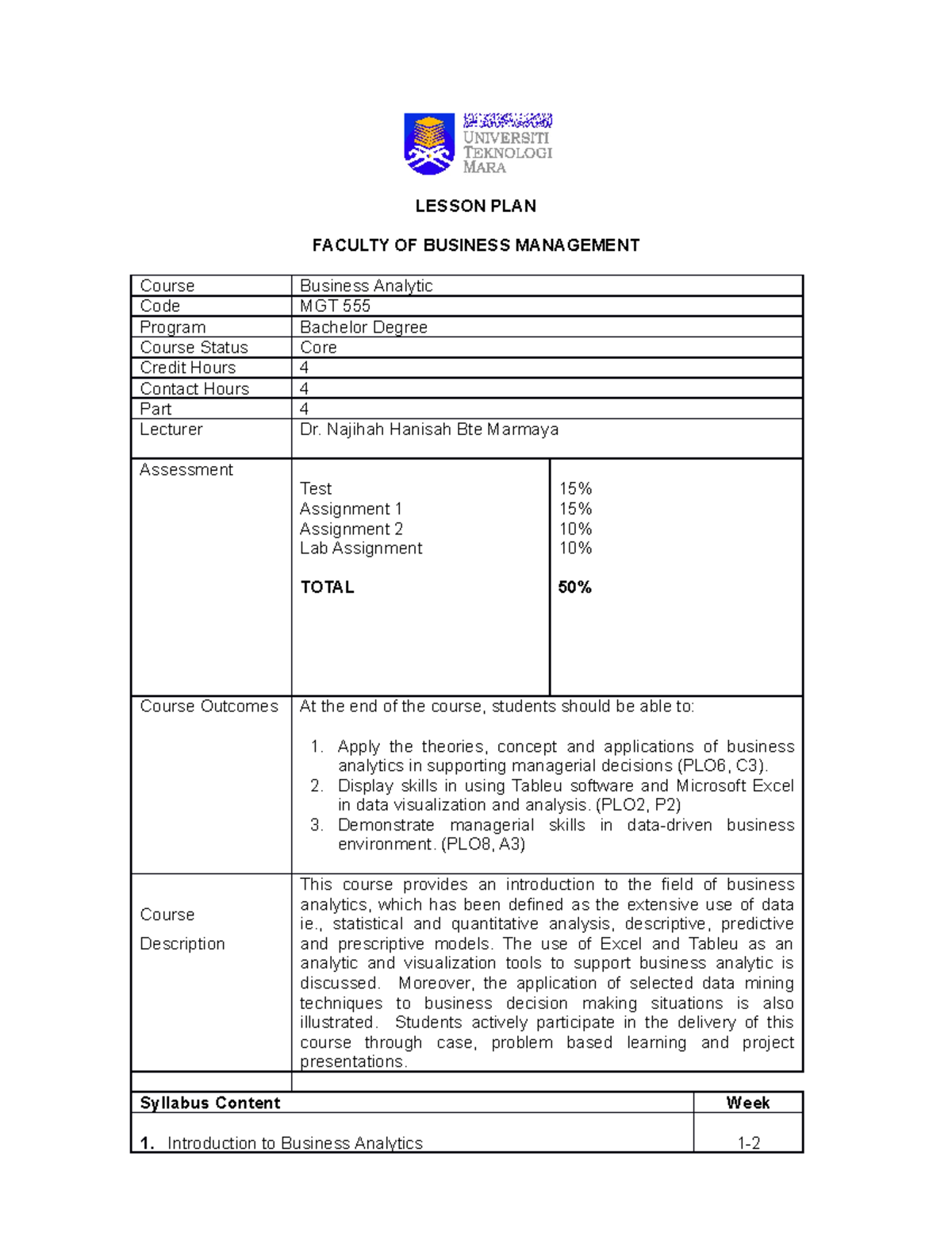 Lesson Plan MGT555 OCT 2020-JAN 2021 - LESSON PLAN FACULTY OF BUSINESS ...