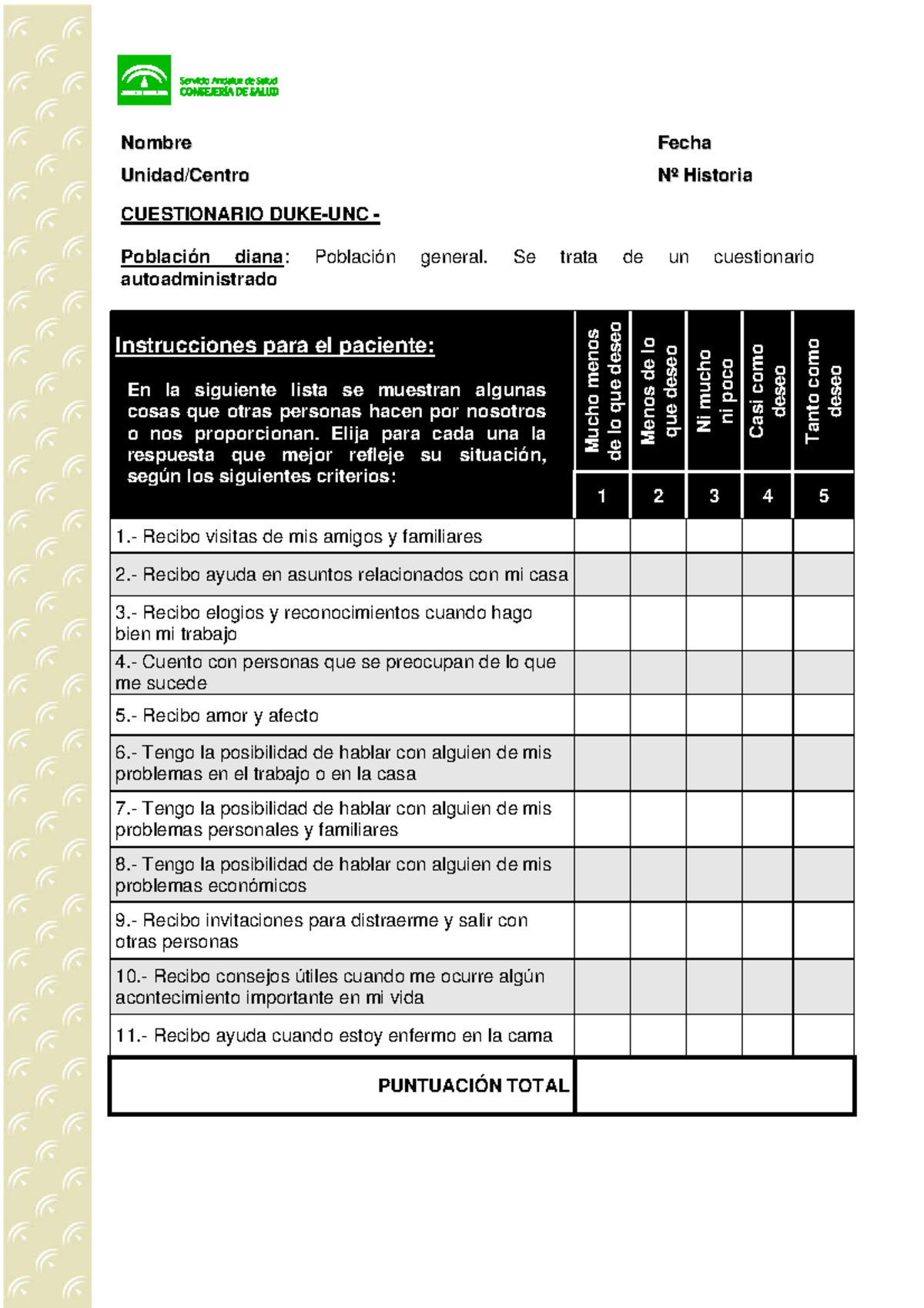 Duke unc cuestionario - Test DUKE_UNC - NNoommbbrree FeFecchhaa ...