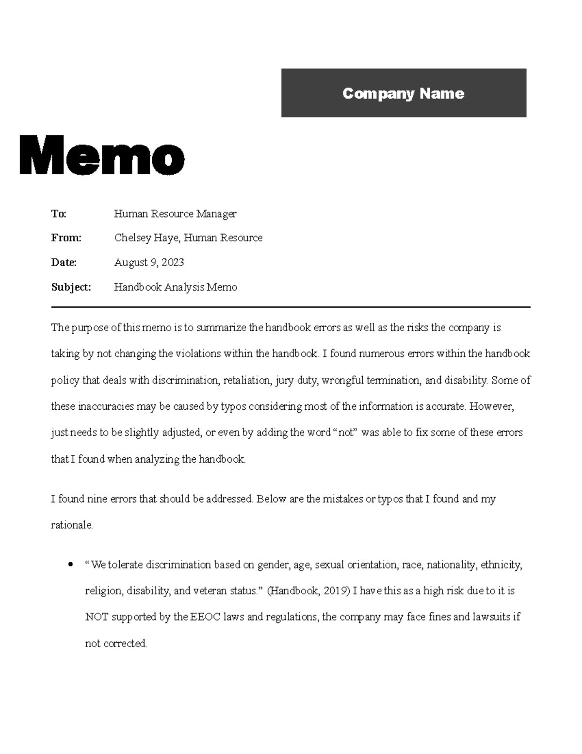 Manager Memo for HRM 225. Project two - Company Name Memo To: Human ...