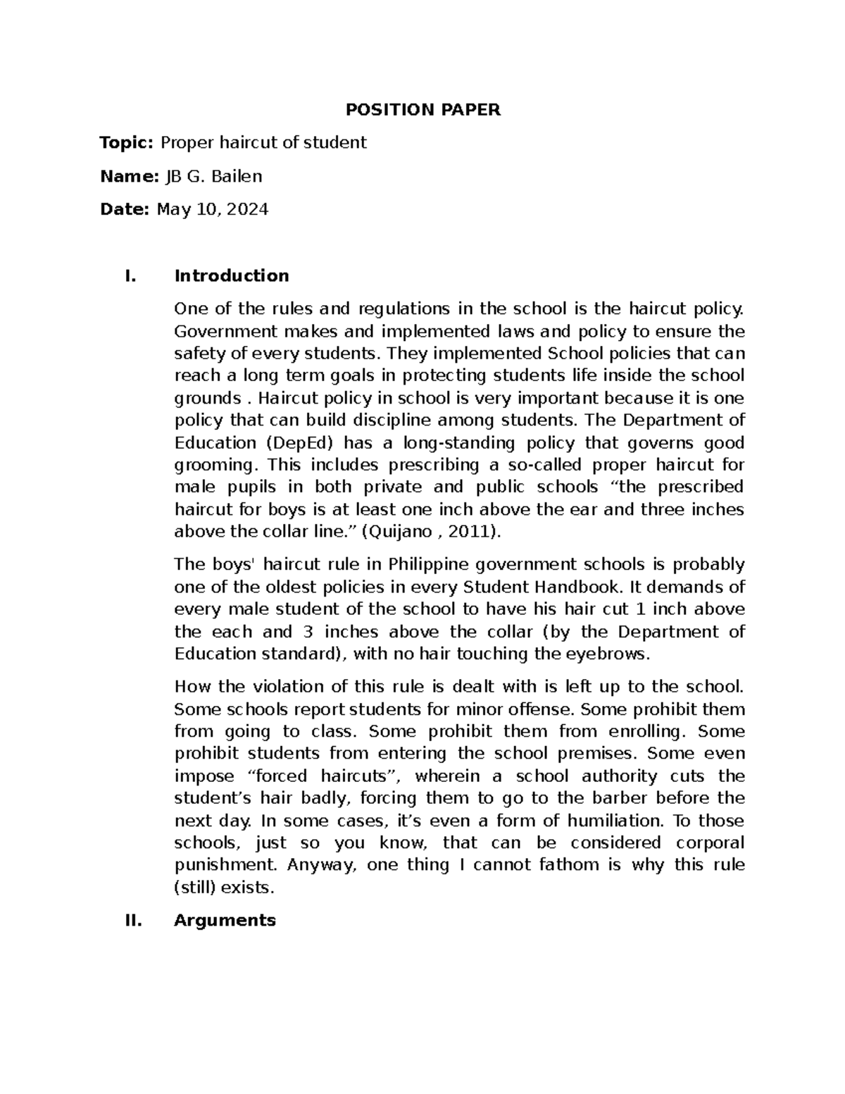 The Position Paper - POSITION PAPER Topic: Proper haircut of student ...