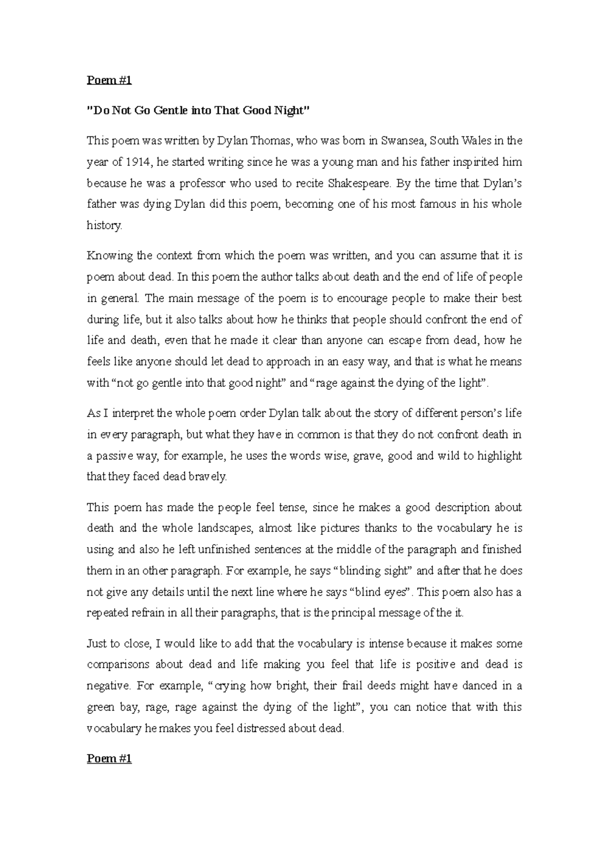 Poetry assignment - Poem # "Do Not Go Gentle into That Good Night" This ...