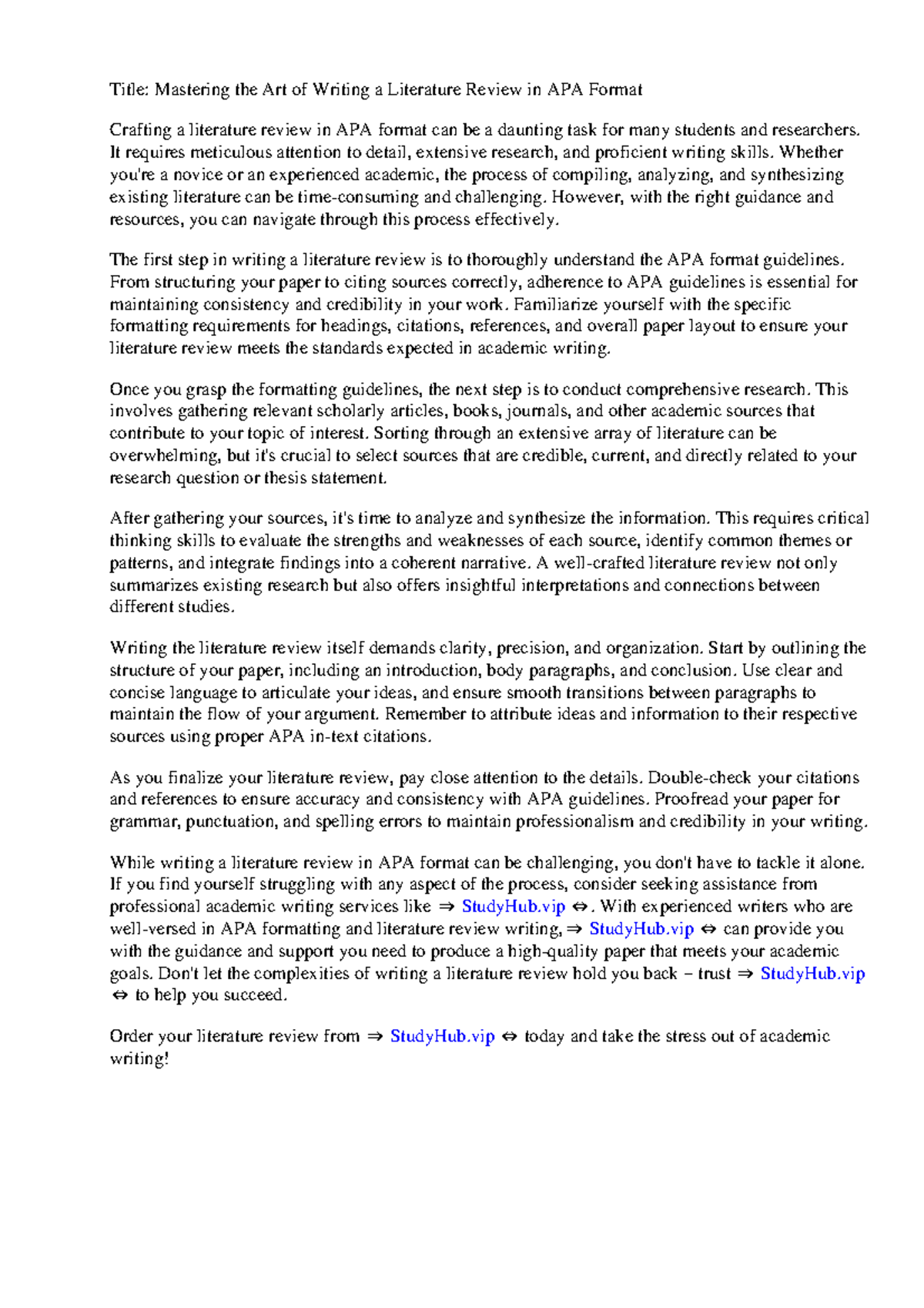 Apa Format Literature Review Sample Paper - Title: Mastering the Art of ...