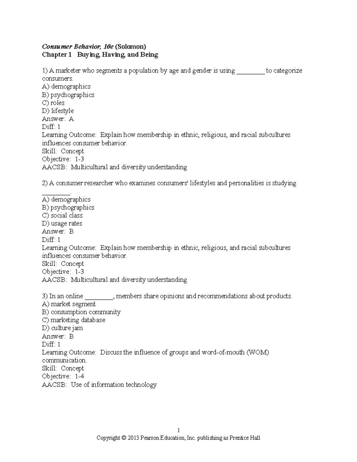 Sample/practice exam 2017, questions and answers - Consumer Behavior ...