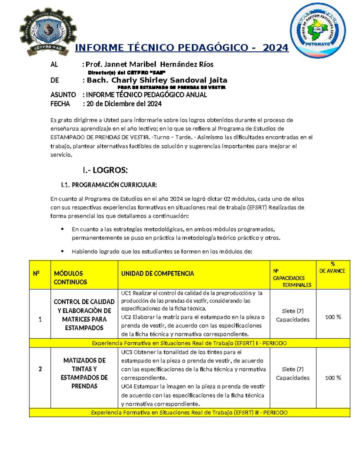 Informe Técnico Pedagógico 061656 - INFORME TÉCNICO PEDAGÓGICO - 2024 AL : Prof. Jannet Maribel ...