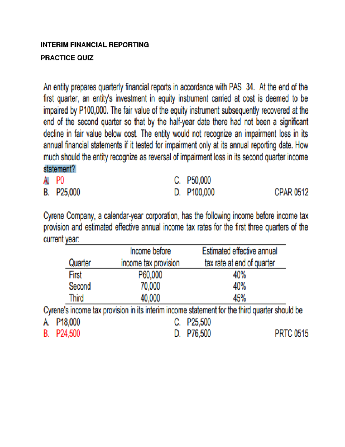 Course ACT 8 - Interim Financial Reporting - Financial Accounting and Reporting - INTERIM ...