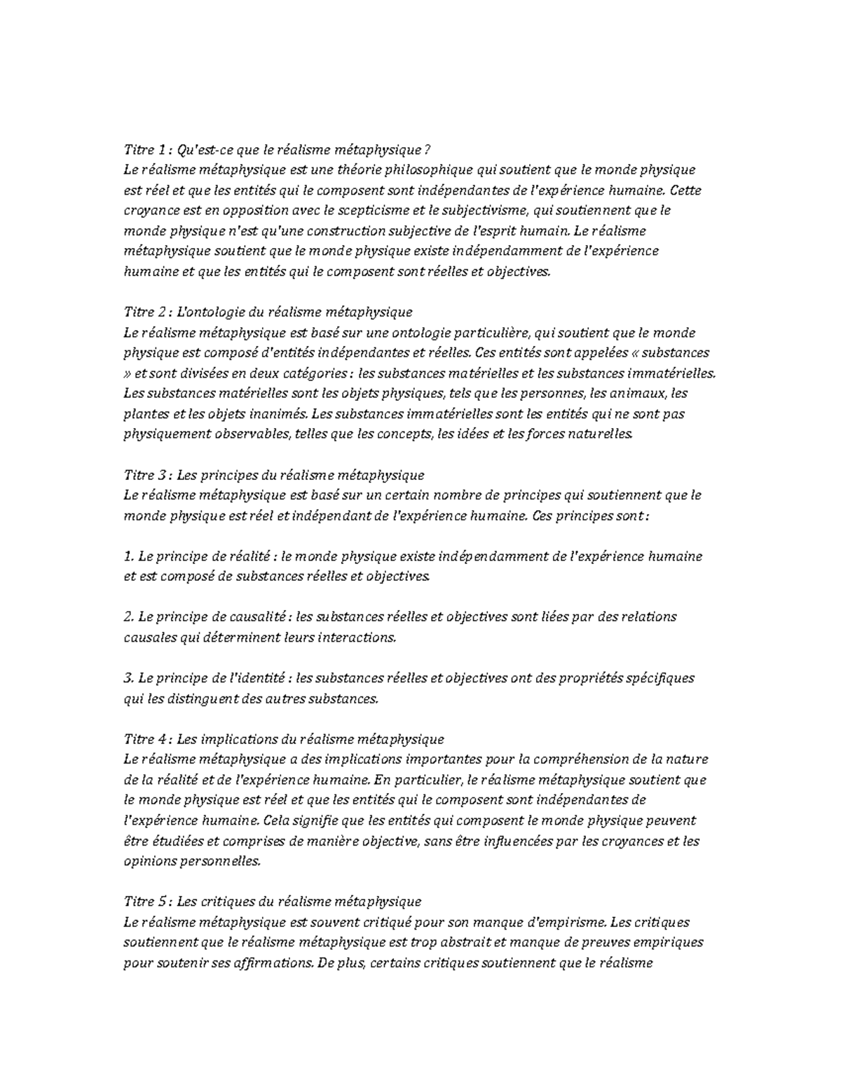 Metaphysical Realism Notes de cours - Titre 1 : Qu'est-ce que le ...