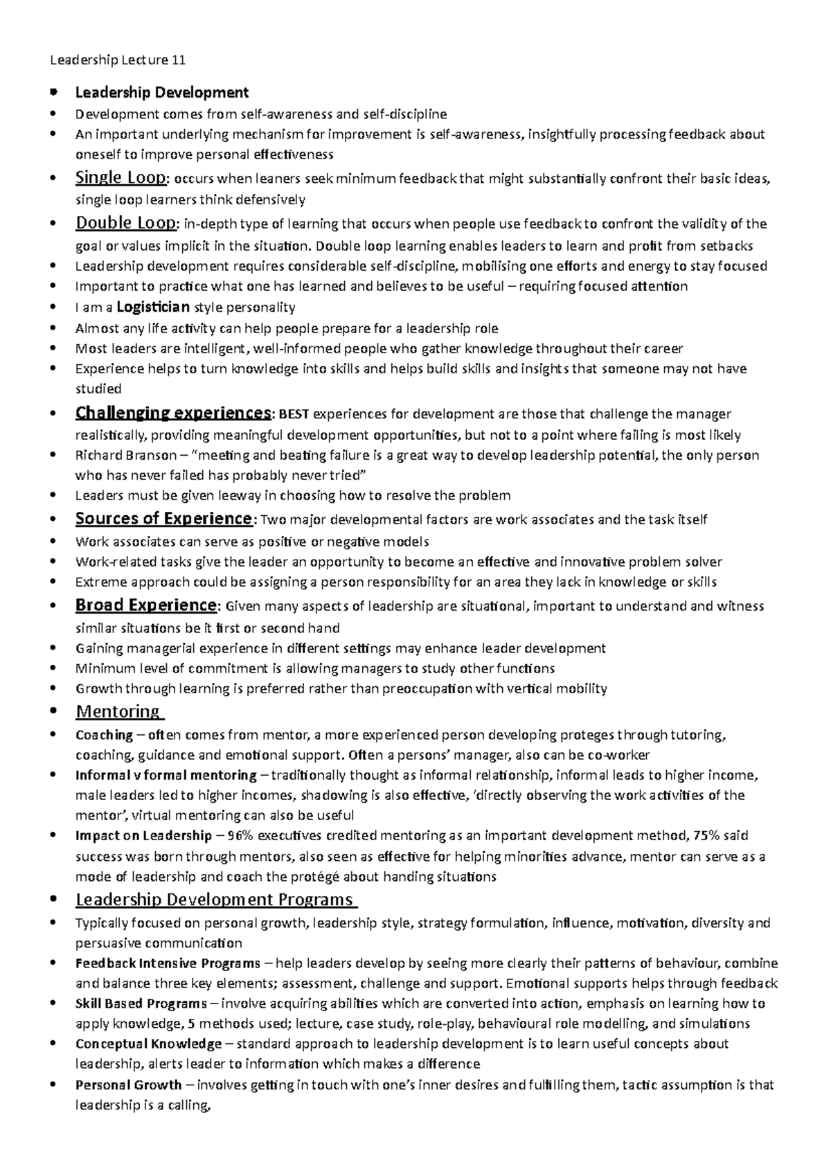 MGT2007 Leadership Lecture 11 Leadership Development - Leadership ...