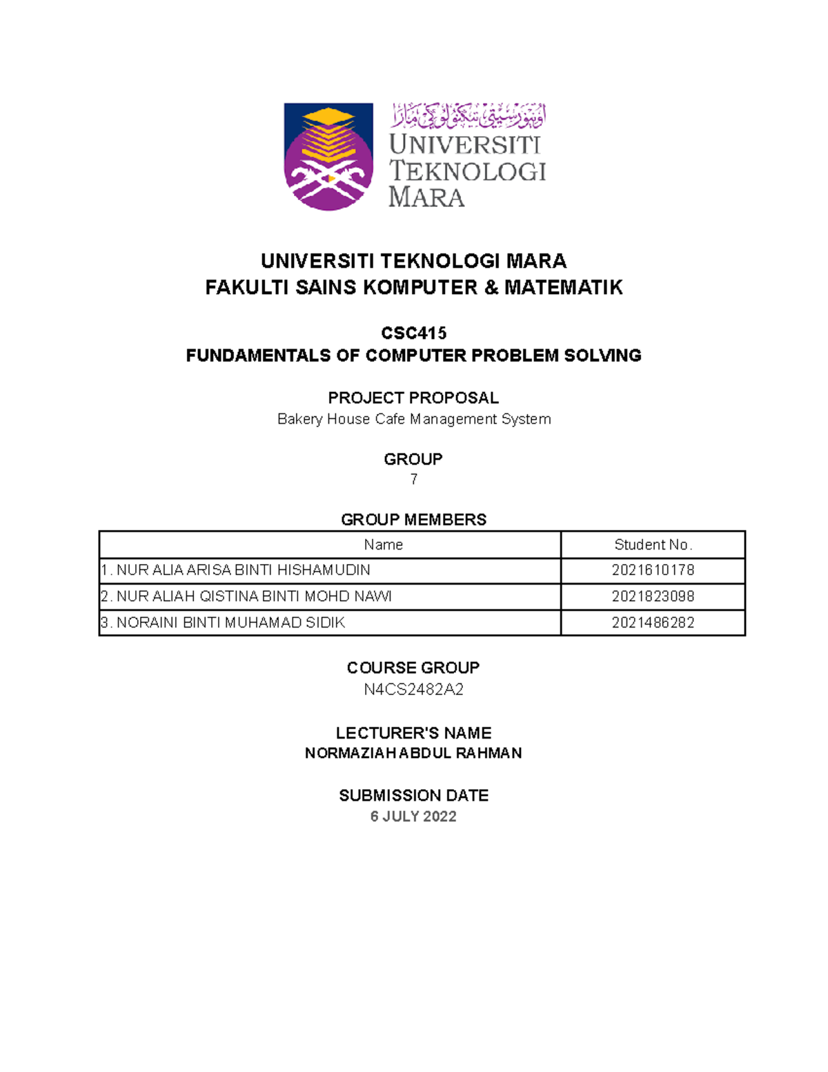 Bakery System Management Final Project - UNIVERSITI TEKNOLOGI MARA ...