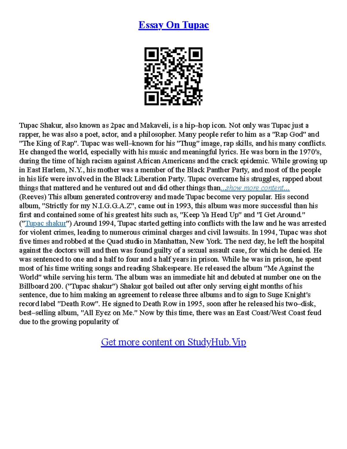 Tupac Shakur Essay - Essay On Tupac Tupac Shakur, also known as 2pac ...