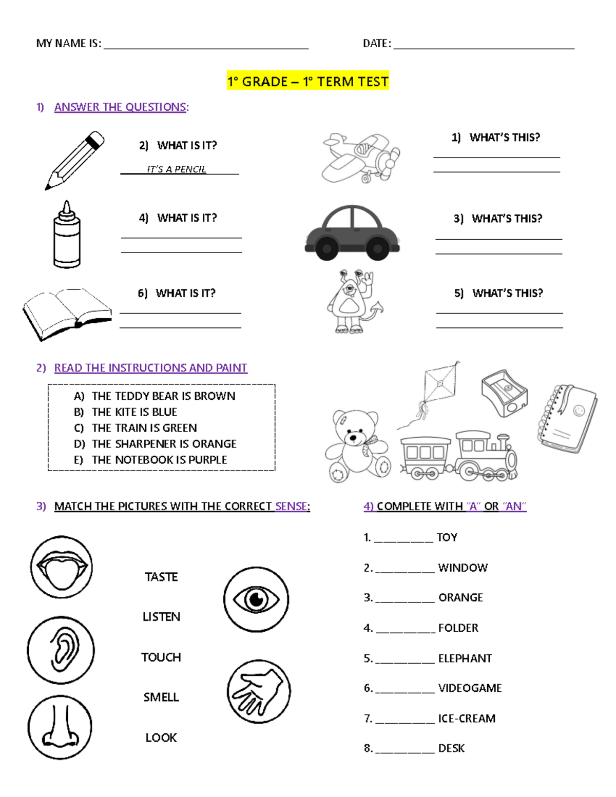 1° Grade - 1st Term Test - Modelo examen instituto - MY NAME IS