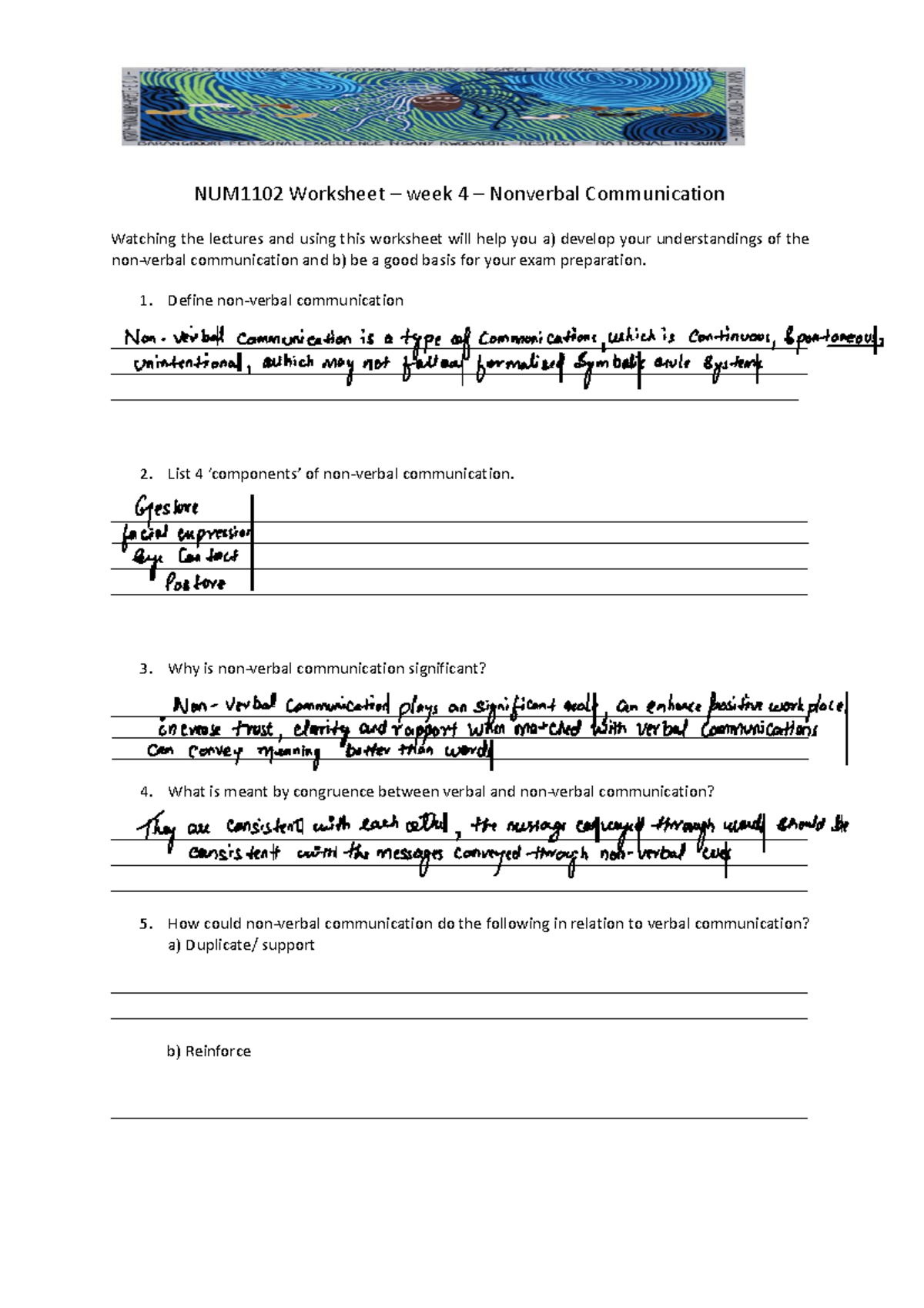 Worksheet Non-verbal communication-1 - NUM1102 Worksheet – week 4 ...