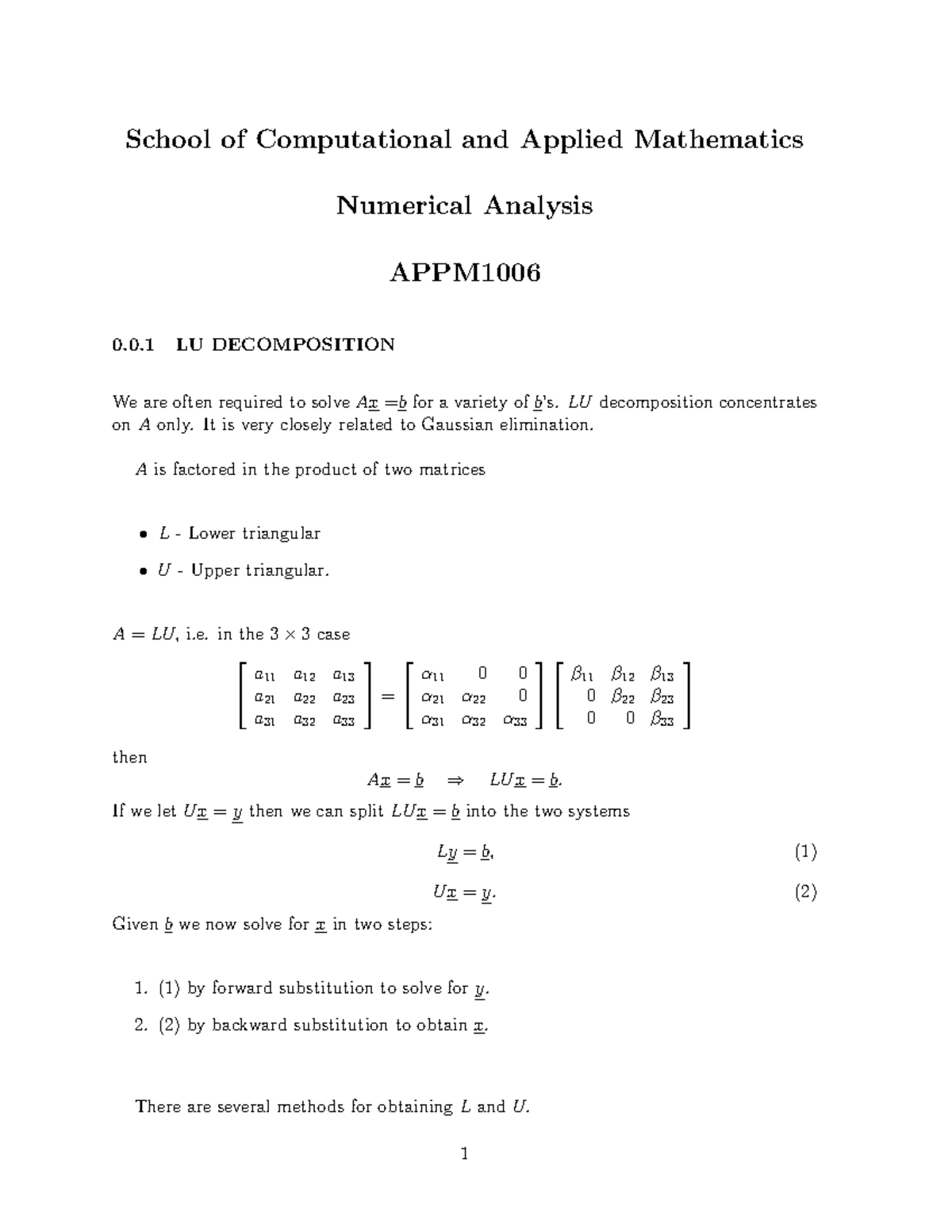 4 Lu Decomposition Lecture Notes 5 School Of Computational And Applied Mathematics