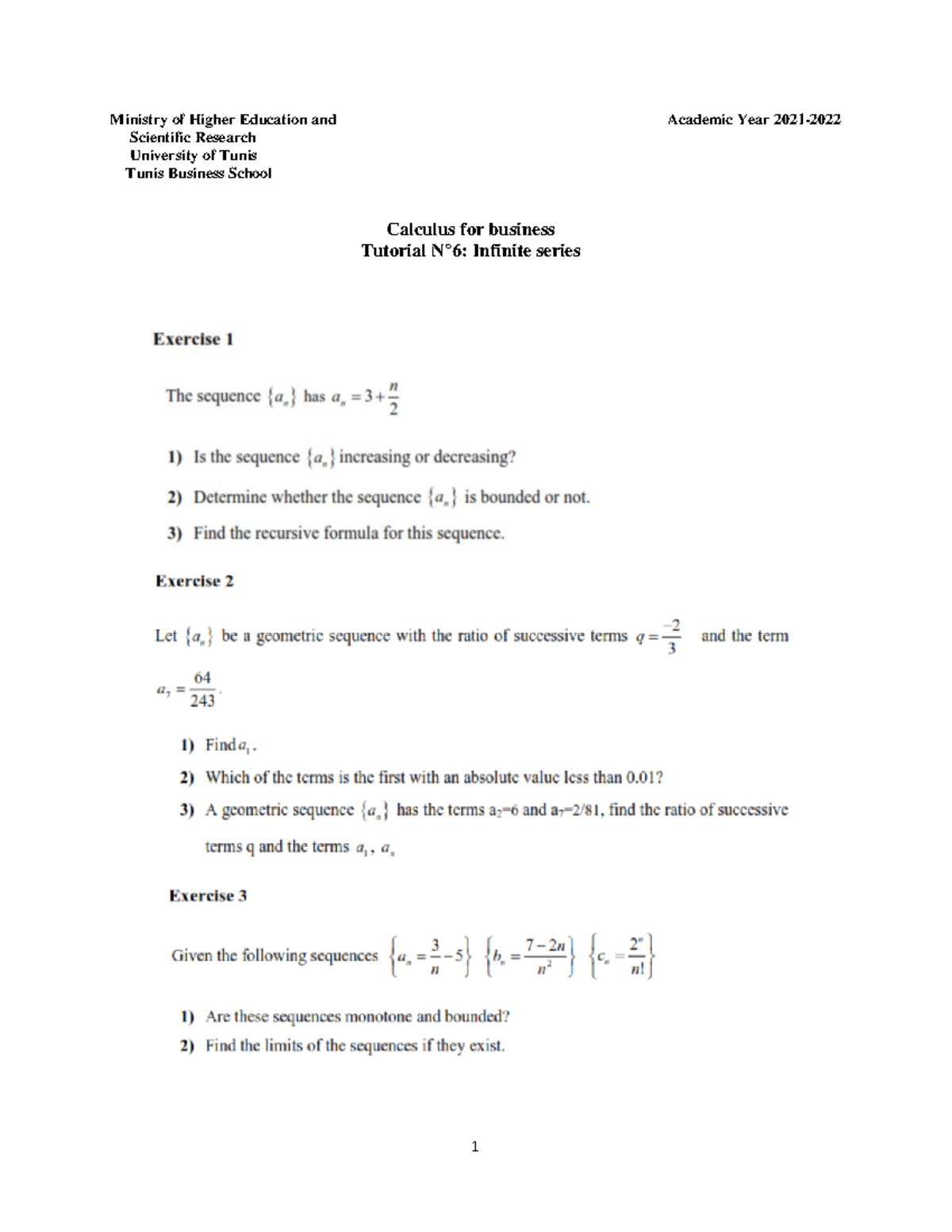 Infinite series tutorial - Calculus for business - 1 Ministry of Higher ...