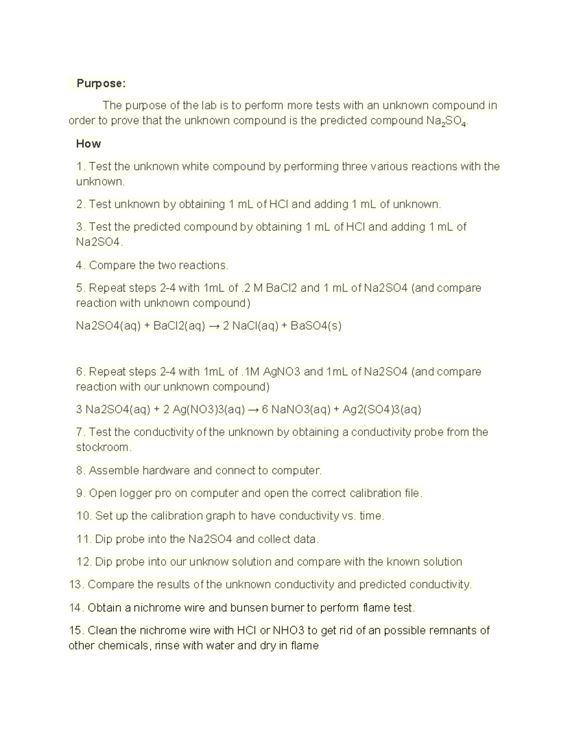 Day 2 plan of Unknown white compound - Purpose: The purpose of the lab ...