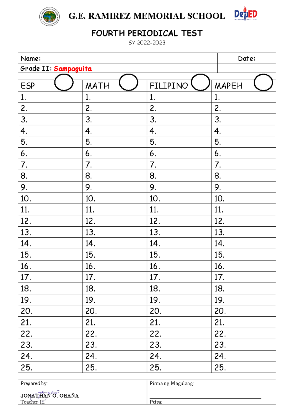Answer sheet ni obet 2022-2023 2 - G. RAMIREZ MEMORIAL SCHOOL FOURTH ...