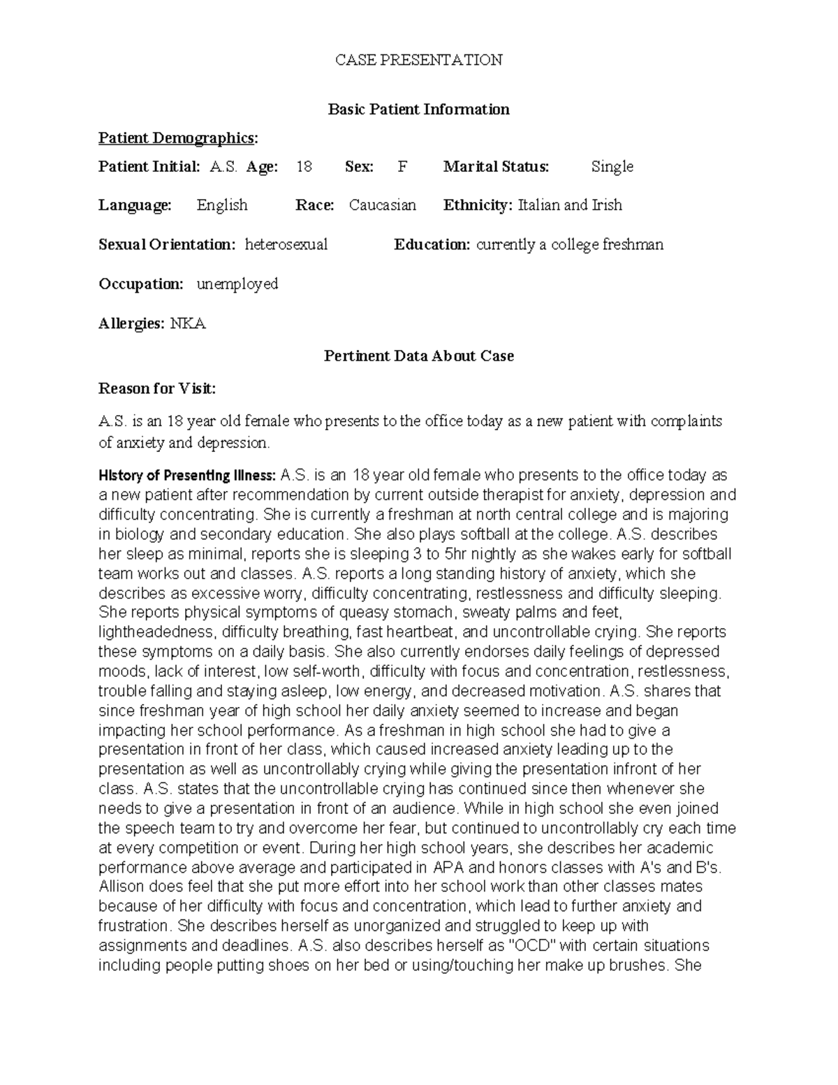 Case Presentation #4 - discussions, psych intake notes - Basic Patient ...