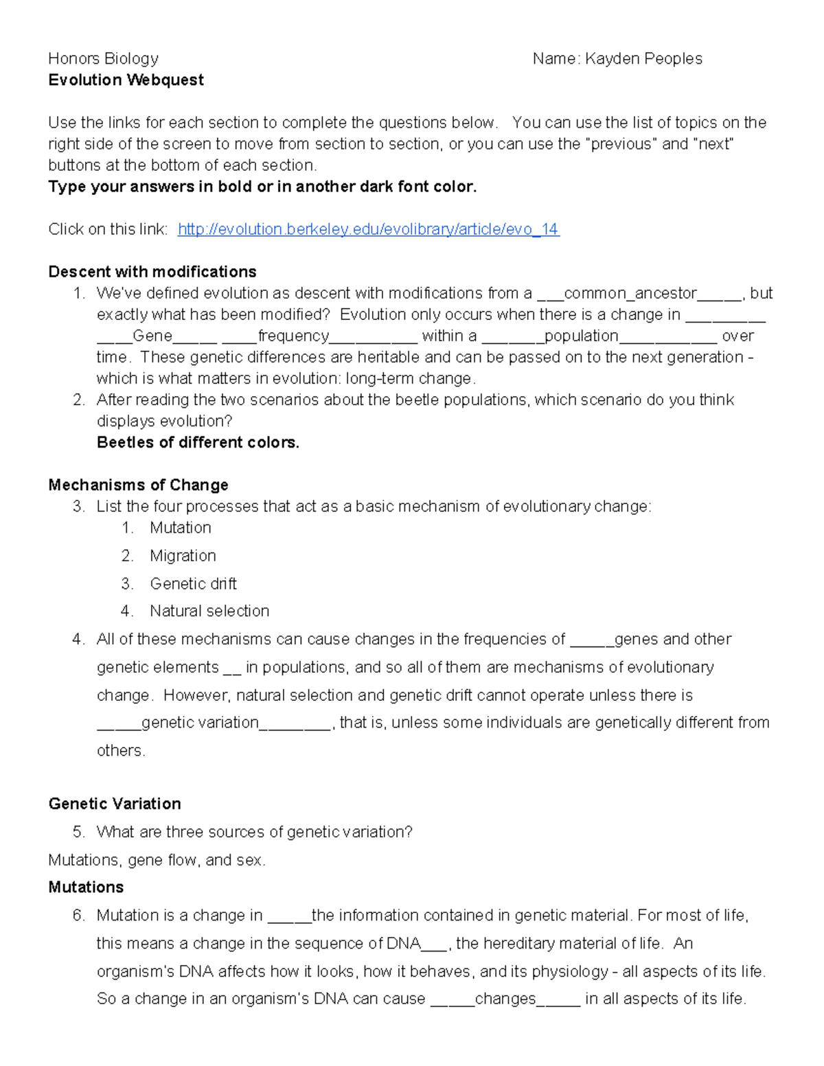 Kayden Peo7895 - Evolution Webquest - Honors Biology Name: Kayden ...