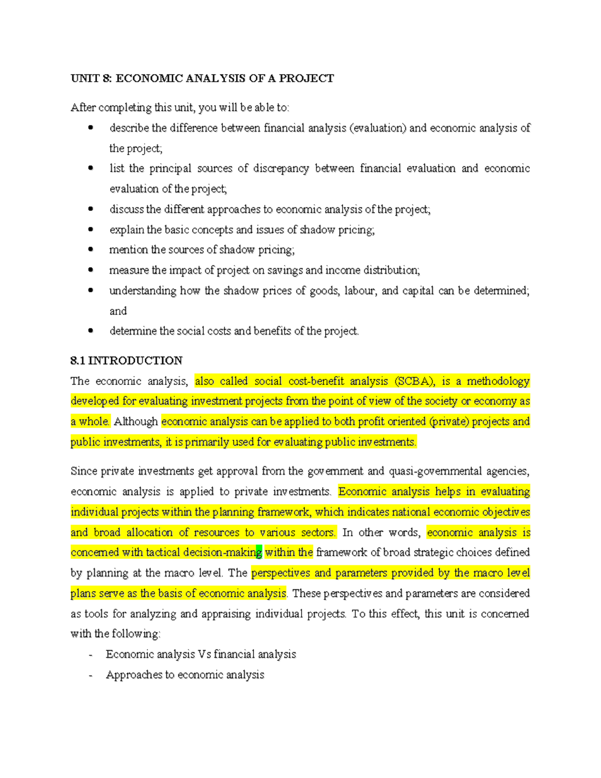 Unit 8 Economic analysis of a project - UNIT 8: ECONOMIC ANALYSIS OF A ...