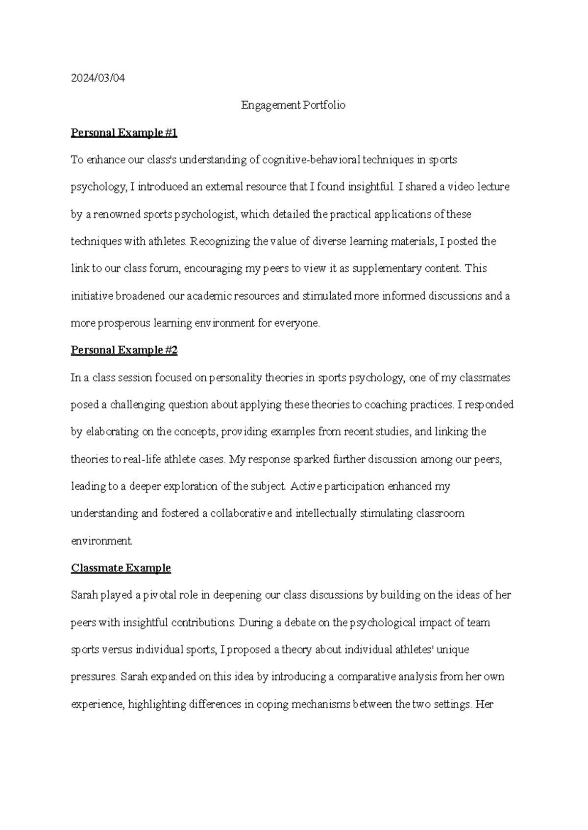Engagement Portfolio - 2024/03/ Engagement Portfolio Personal Example ...